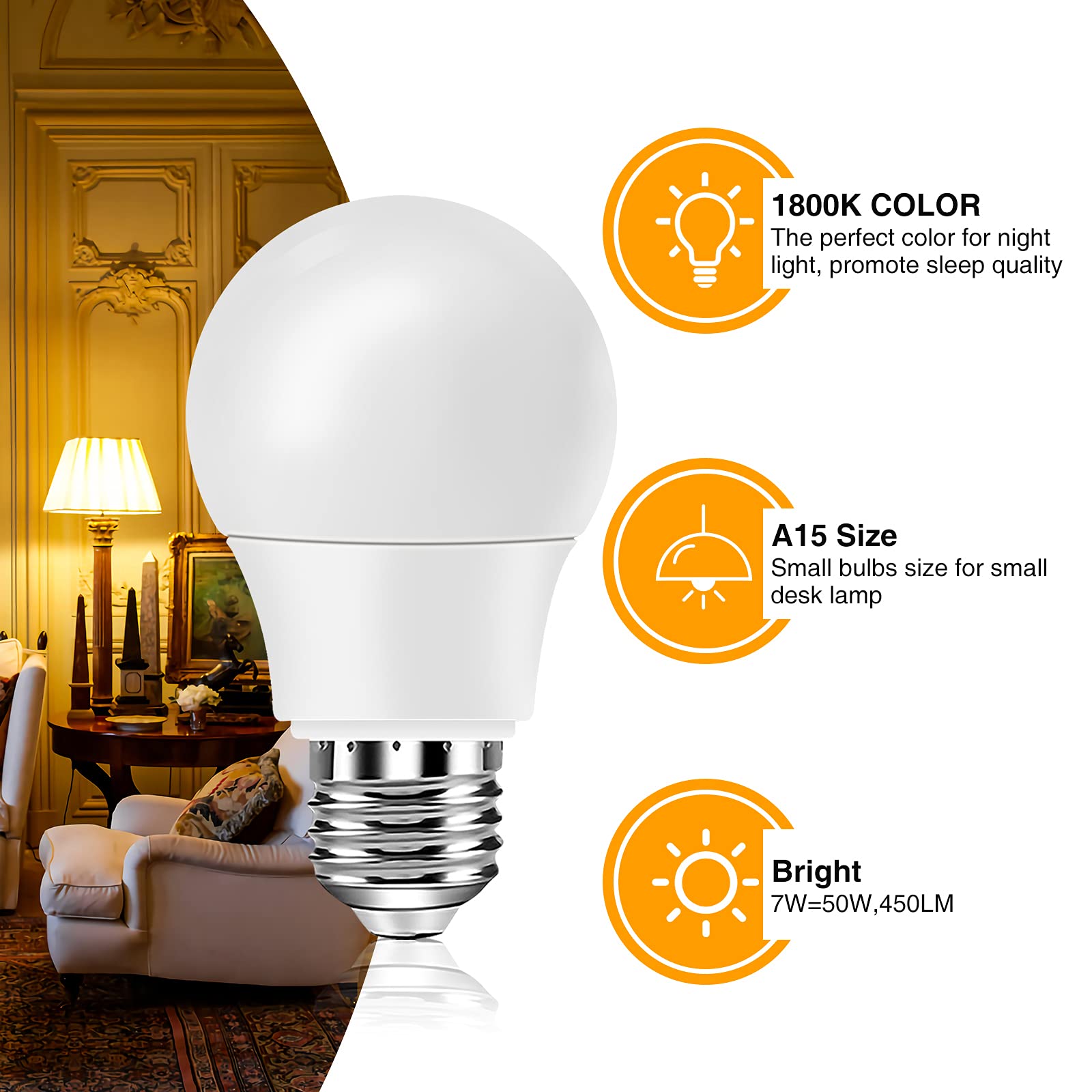 A15 Amber Light Bulbs, 7W 40W Equivalent Dim Light Bulbs,1800K Warm Soft Sleep Light Bulbs, 6 Pack Amber Night Light Bulbs, Blue Light Blocking Warm Light Bulbs for Sleep,Night Light, Reading.