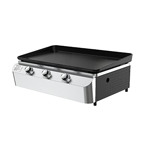 Nexgrill Premium Outdoor Cooking griddle grill, 3 Burner Griddle, 29.52"x15.75" 465sq. in. Cast Iron Griddle, Flat Top for Camping, Outdoor, Patio, Stainless Steel Griddle with knobs, Silver and Black