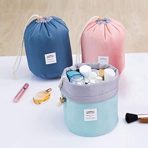 EUOW Travel Cosmetic Bags Barrel Makeup Bag,Women Portable Foldable Cases, Multifunctional Toiletry Bucket Bags Round Organizer Storage Pocket Soft Collapsible(Deepblue)