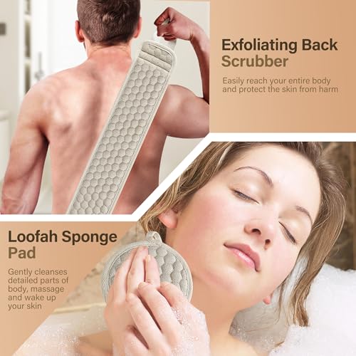 Suntee Exfoliating Back Scrubber & Exfoliating Sponge Pad Set for Shower, Bath Shower Scrubber for Men and Women, Luffa Scrubber to Deep Clean Relax Your Body (36.5'' Length 4.5'' Width)