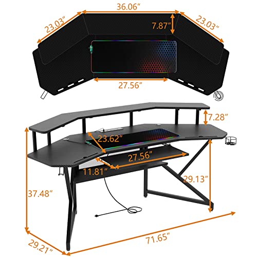 Auromie 72" Gaming Desk with Power Outlet & Led Strip, Large Wing-Shaped Computer Desk w Monitor Stand & Keyboard Tray & RGB Mouse Pad, Studio Desk w Storage Shelf Headphone Hook Cup Holder