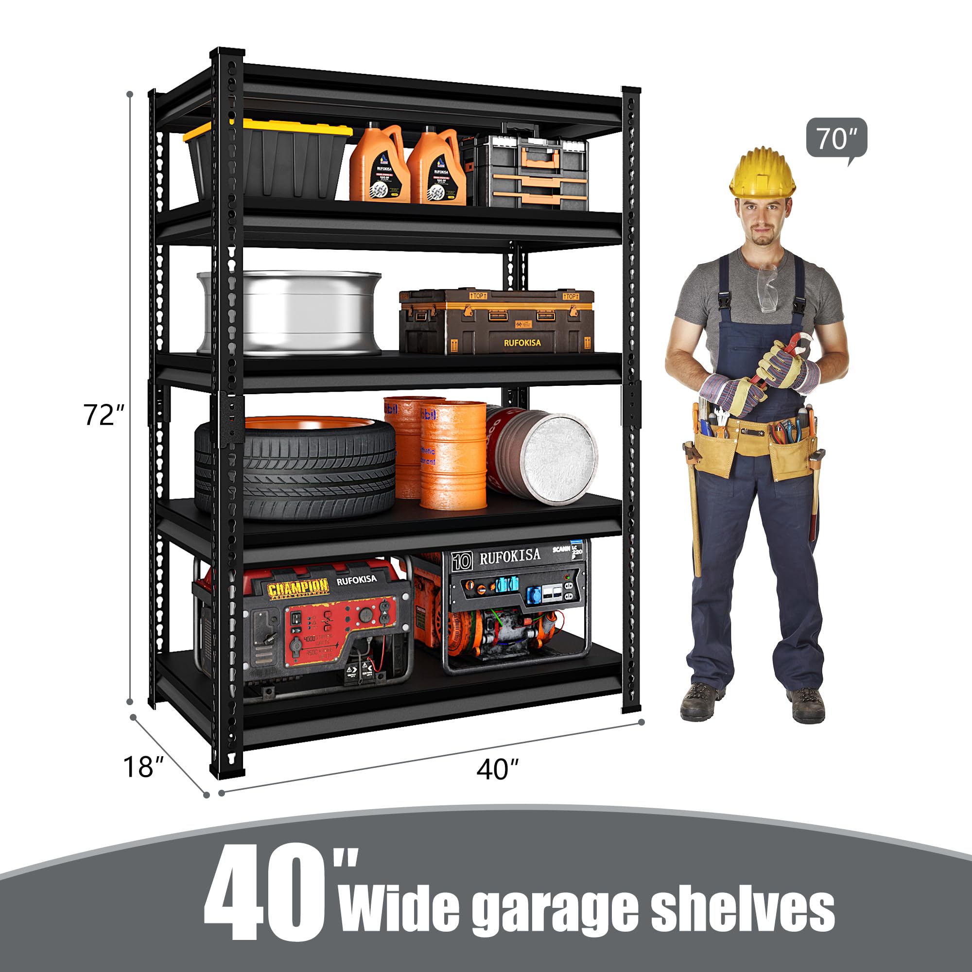 Rufokisa 5-Tier Garage Shelving Heavy Duty,72" Metal Shelving Unit for Garage, 2250 lbs Load Capacity Utility Rack Shelves& Garage Shelves, 40”W x 18”D x 72”H(Black)
