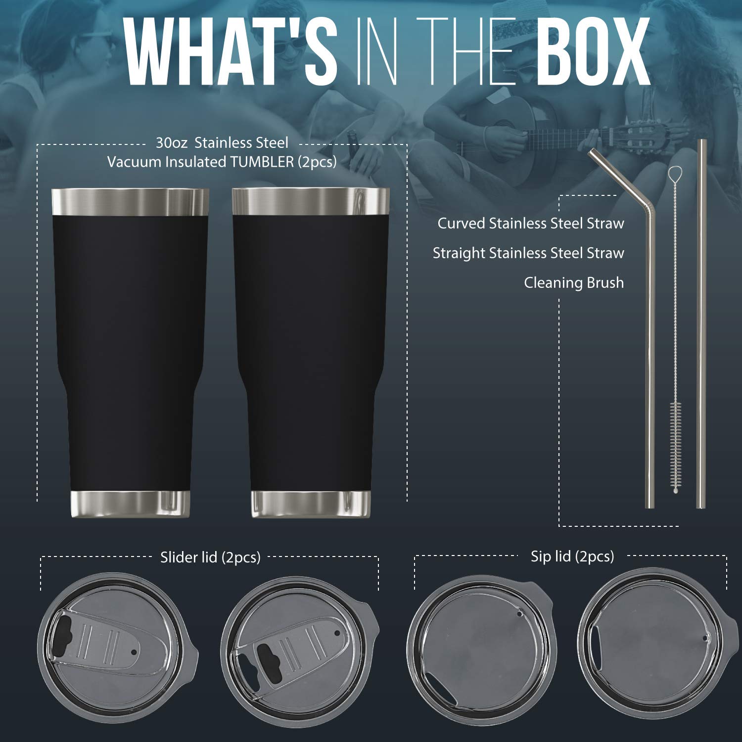 BluePeak Double Wall Vacuum Stainless Steel Insulated Tumblers Set, 2-Pack - Includes 2 Sipping Lids, 2 Spill-Proof Sliding Lids, 2 Straws, 1 Cleaning Brush & Gift Box (30 oz, Black)
