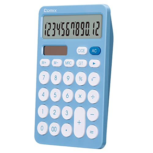 Comix Desktop Calculator with Large LCD Display and Big Button, 12 Digits Baisc Calculator, Standard Calculator, Solar Battery Dual Powered, for Office Home School & Business Use (Blue)