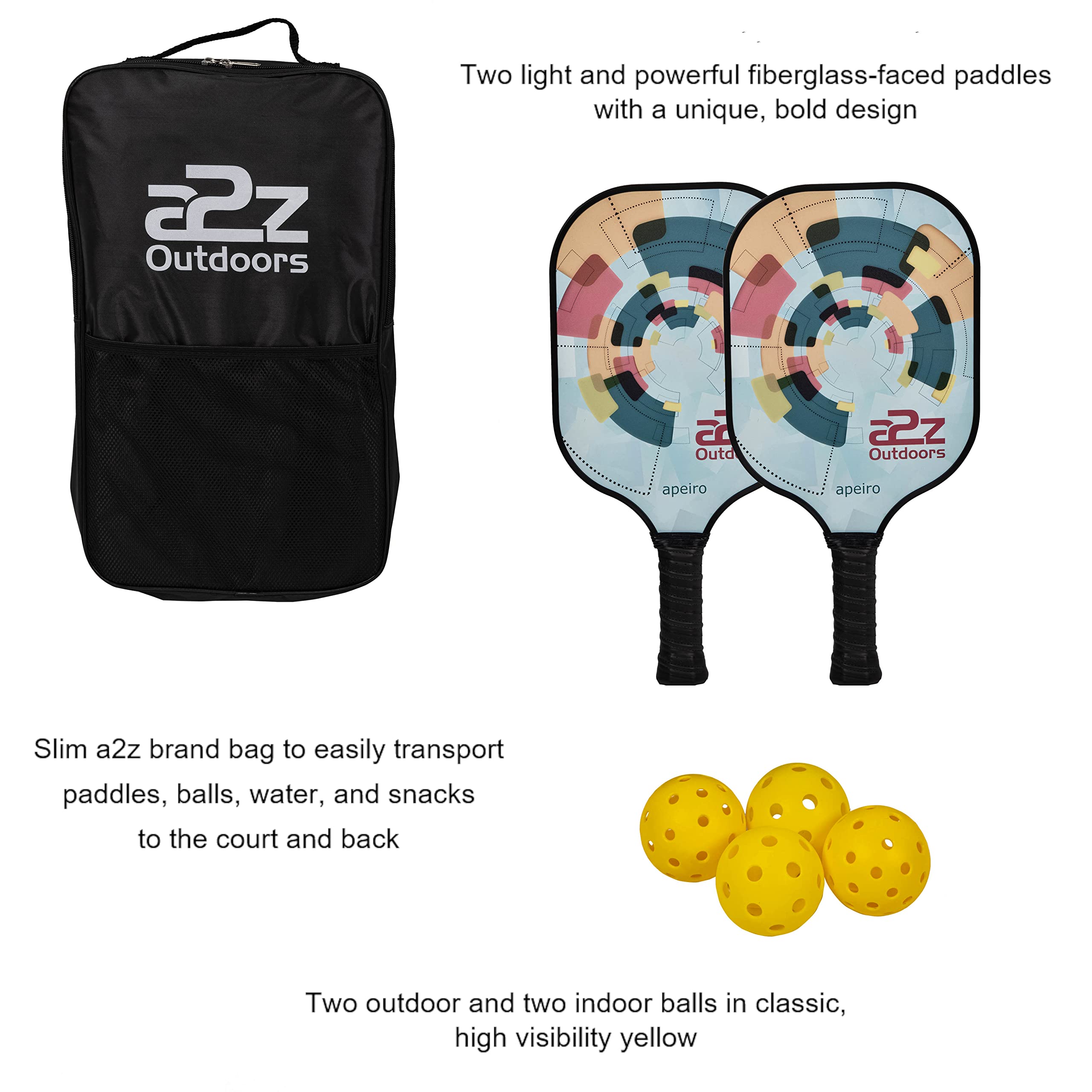 a2z Apeiro Pickleball Paddles Set of 2, Fiberglass Surface, 4 Balls, One Pickleball Bag