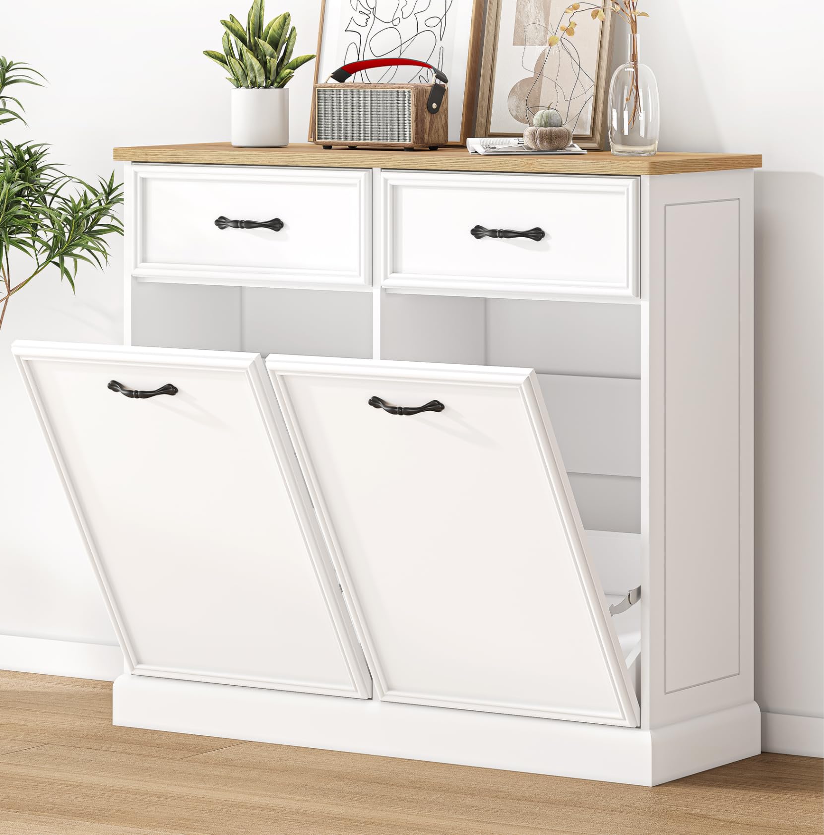 IDEALHOUSE Double Tilt Out Trash Cabinet, Hidden Trash Can Cabinet 10 Gallon Storage Holder, Freestanding Garbage Can Cabinet for Kitchen Dining Living Room