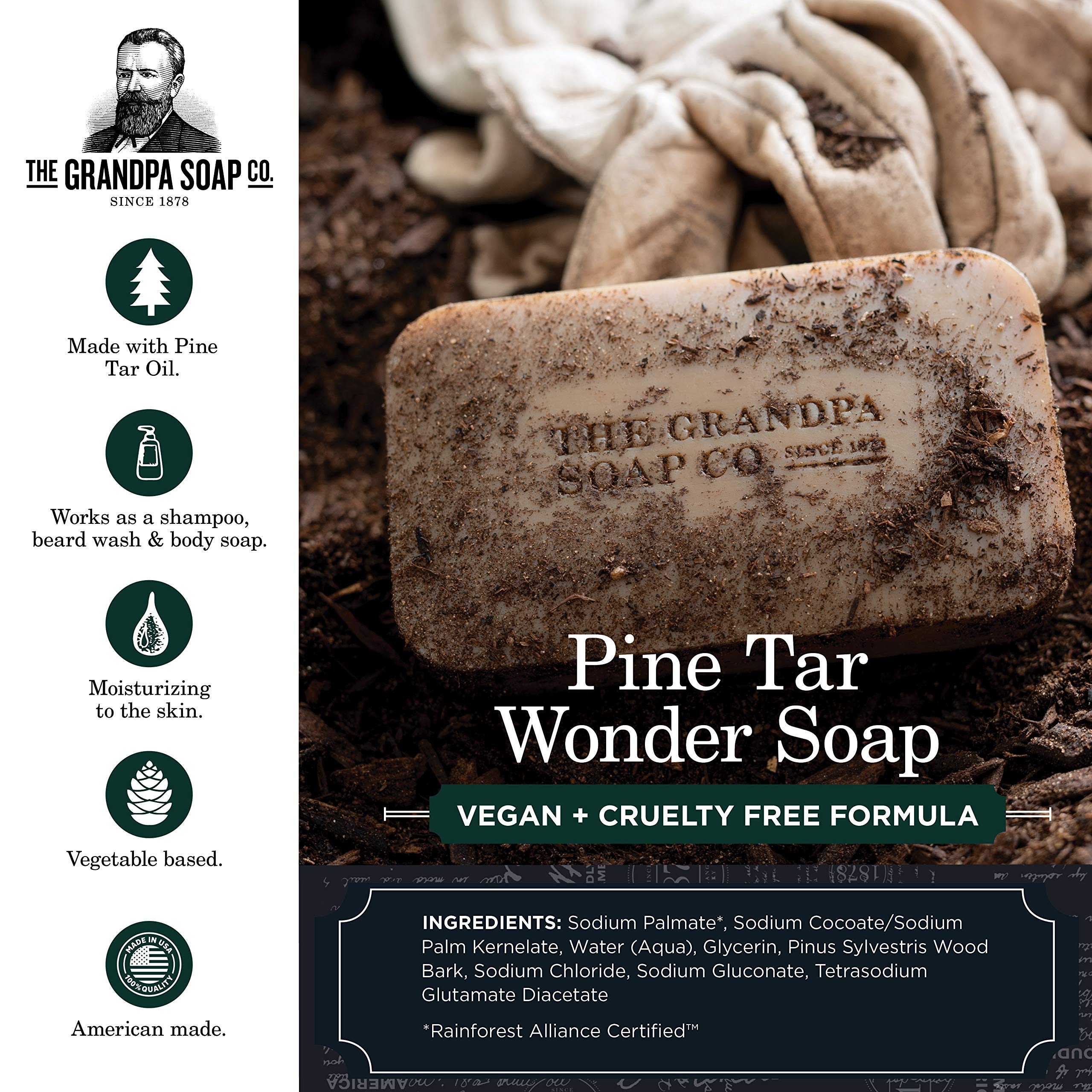 Pine Tar Bar Soap by The Grandpa Soap Company | The Original Wonder Soap | 3-in-1 Cleanser, Deodorizer & Moisturizer | 4.25 Oz. Each ? 3 Pack