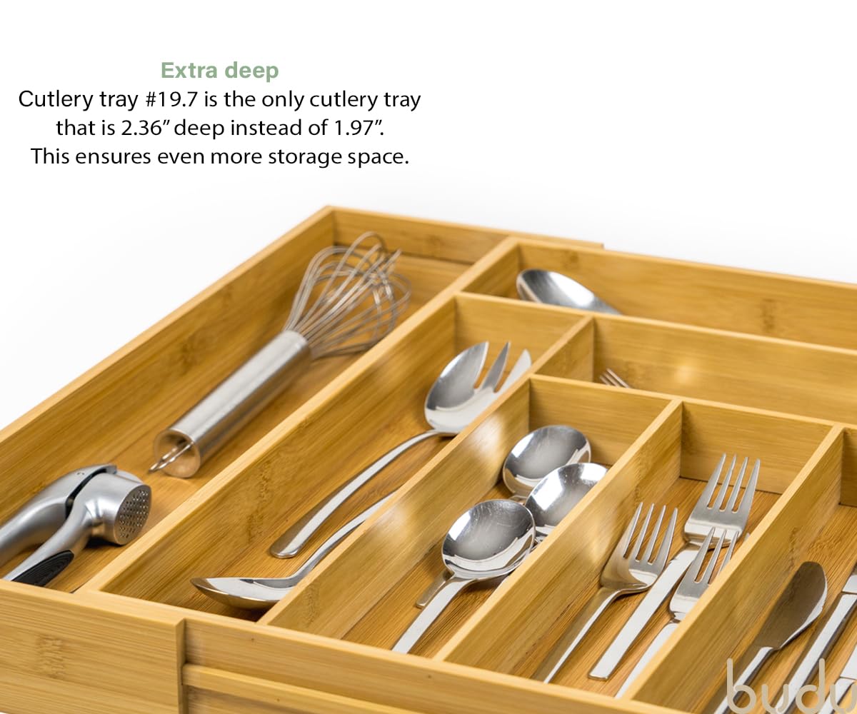 budu Silverware Drawer Organizer #19.7" Depth β Utensil Holder, Kitchen Drawer Organizers for Flatware, Cutlery β Perfect Utensil Organizer for Silverware & Other Kitchen Organization Tools & Storage