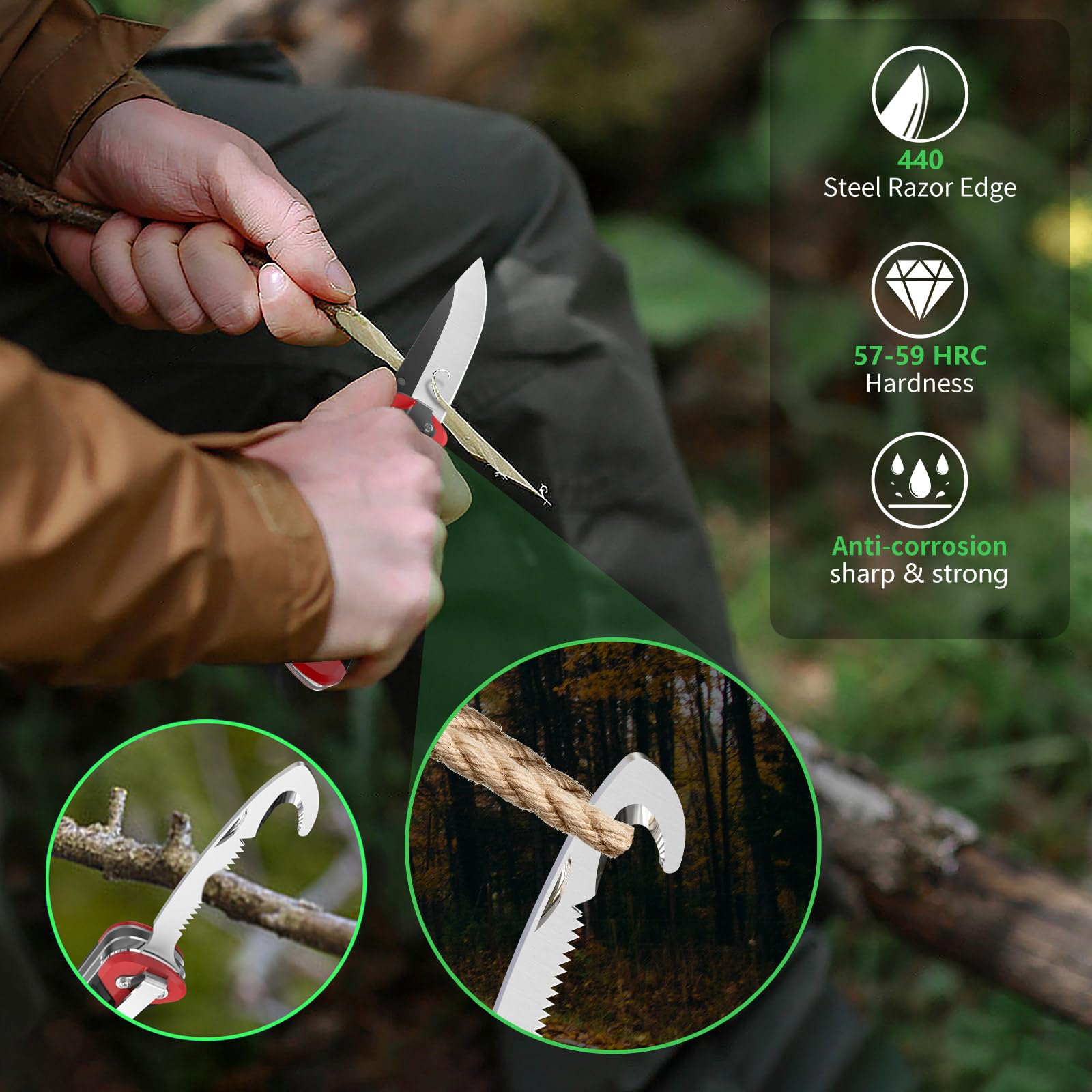 YiMai Pocket Knife, Multipurpose folding knife with Serrated Blade and Seatbelt Cutter - Work Camping Survival Hiking Gardens Trimming Pocket Knives (Hei&Hong)