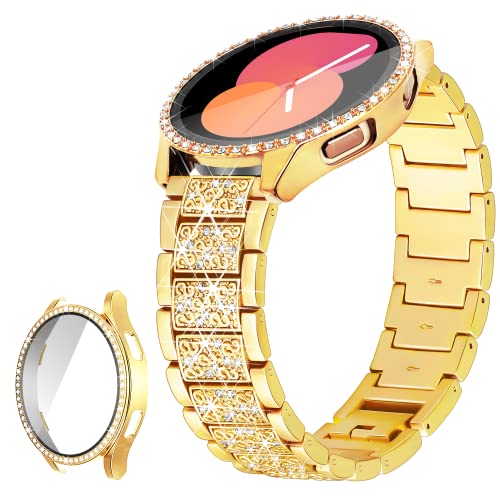Compatible with 20mm Samsung Galaxy Watch 5/ Watch 4 +40mm Diamond Case, Fashion Bling Diamond Band for Women, Glitter Cute Metal Bracelet, Slim Luxury Band for Watch 5/ Watch 4 -Gold