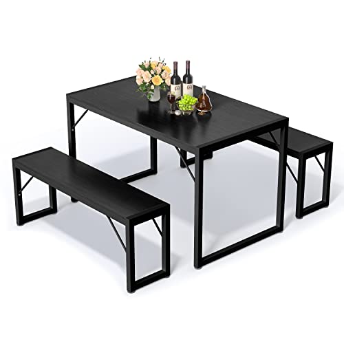 Bealife Dining Table Set for 4, Modern Kitchen Table Set with 2 Benches, 45.5in 3-Piece Soho Dining Room Table Set with Metal Frame and MDF Board, Sturdy Structure, Space-Saving Furniture (Black)