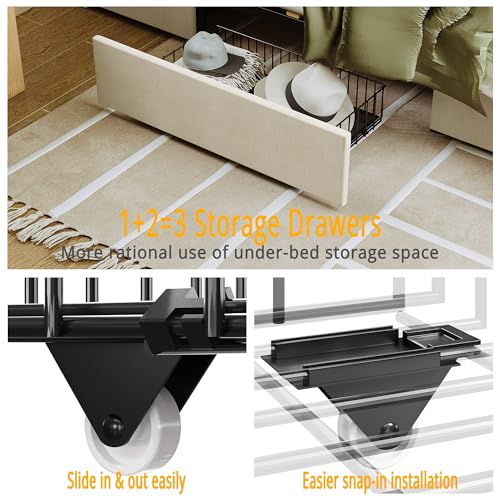 ANCTOR King Size Bed Frame with Storage Headboard and Charging Station, Upholstered Platform Bed with 3 Drawers, No Box Spring Needed, Easy Assembly, Beige