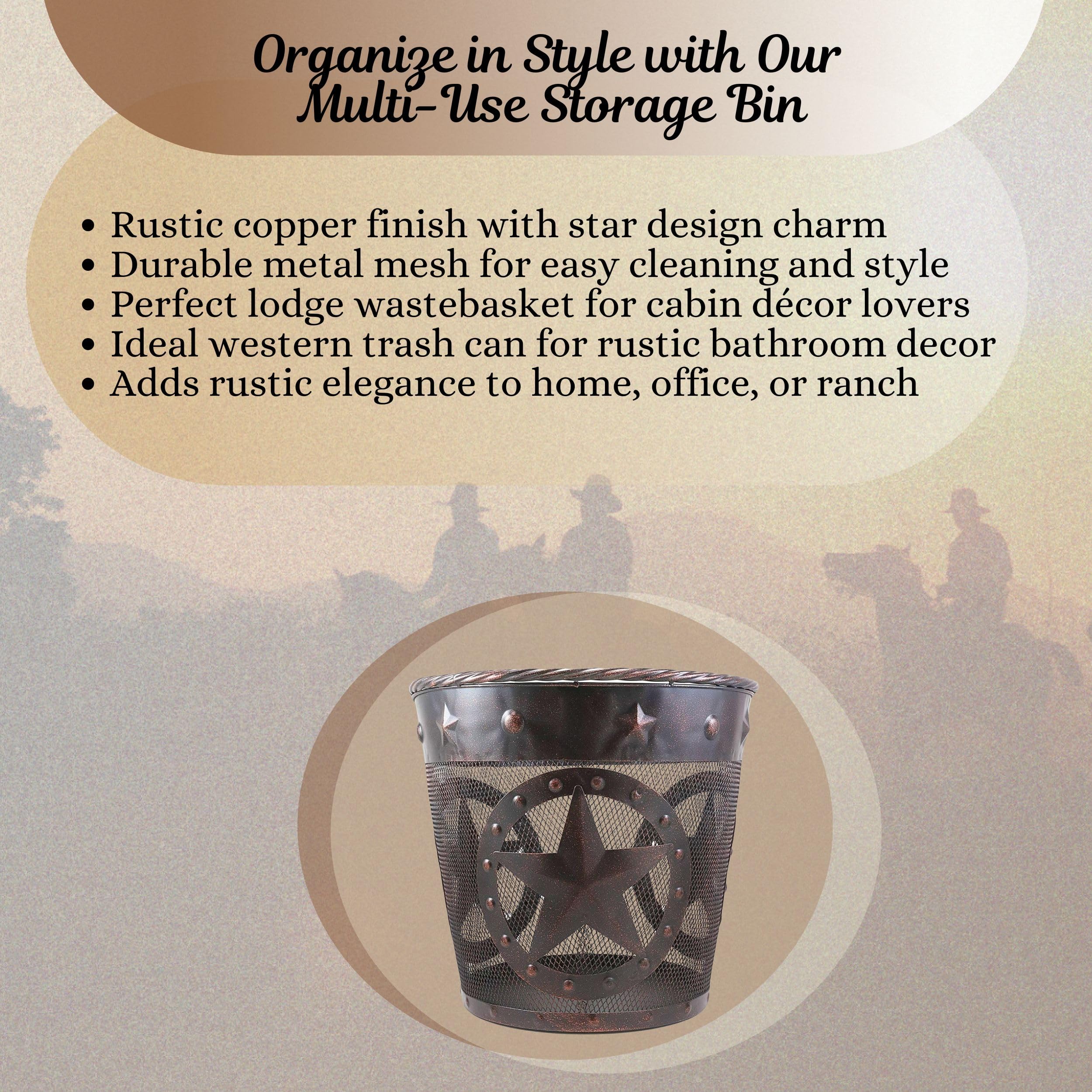 BestGiftEver Rustic Wastebasket with Star Design - Metal Mesh Copper Finish Wastebasket for Western Bathroom Decor, Lodge Cabin Style, Rustic Home Accessories, Rustic Trash Can for Country Homes