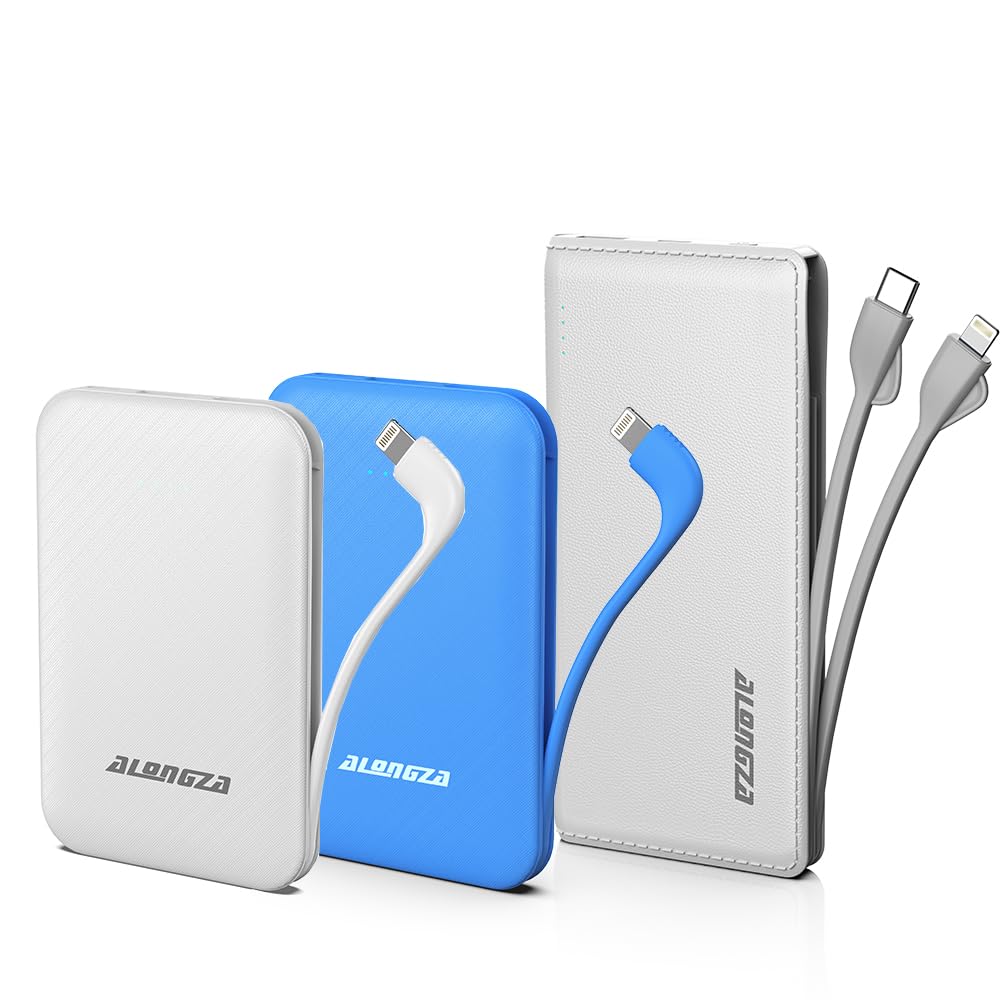 Alongza 3 Packs Portable Phone Charger with Built in Cable 4500mAh(2 Pack),10000mAh SLIN Power Bank Attached Cords, Battery Pack Fast Charging for iPhones and Androids