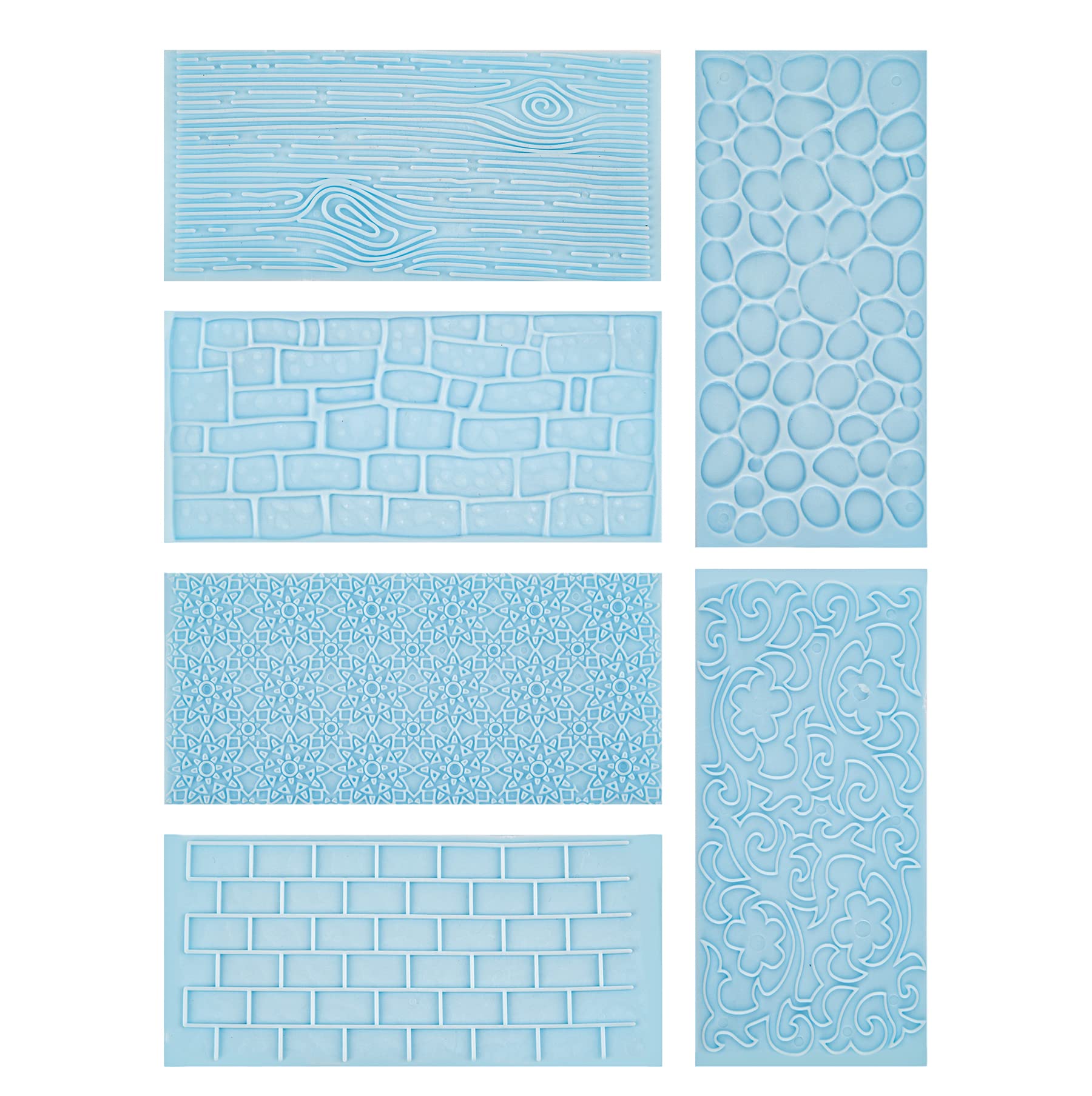 AUEAR, 6 Pack Fondant Impression Mat Mold Set Brick Wall Flower Cobblestone Embossed Tree Bark Stone Wall Texture Design for Cupcake Biscuits Top Edging Decoration