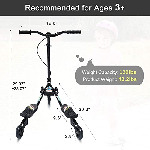 AODI Swing Scooter for Kids, 3 Wheels Foldable Wiggle Scooter Push Drifting with Adjustable & 2 Rear LED Wheels Kicks Scooter for Boys and Girls Ages 3-8