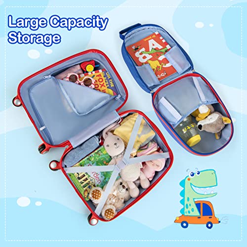 Olakids Kids Luggage Set, 12ββ Travel Backpack and 18ββ Carry on Suitcase with Rolling Spinner Wheels for Children Boys Girls, 2 Pcs Trolley Case Gift for Toddlers (Blue Dinosaur)