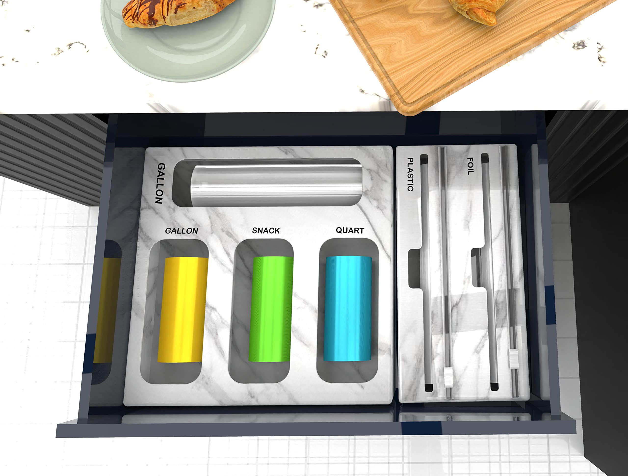 Ageszoe Ziplock Bag Organizer and Foil Wrap Dispenser - 4-in-1 Kitchen Drawer Organizer with Sticker Labels β Foil and Baggie Organizer for 12in Rolls, Gallon, Quart, Snack, and Sandwich Bags