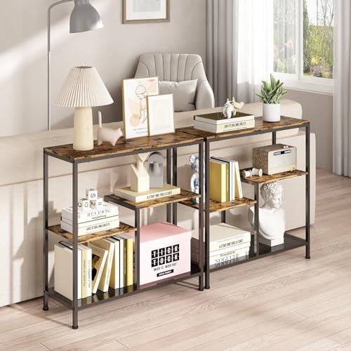 GILLAS Sofa Table, 3 Tier Console Table for Entryway, Narrow Entry Table & Open Storage Shelves, Skinny Side Table for Living Room, Hallway, Entrance Hall, Corridor, Bedroom, Rustic Brown and Black