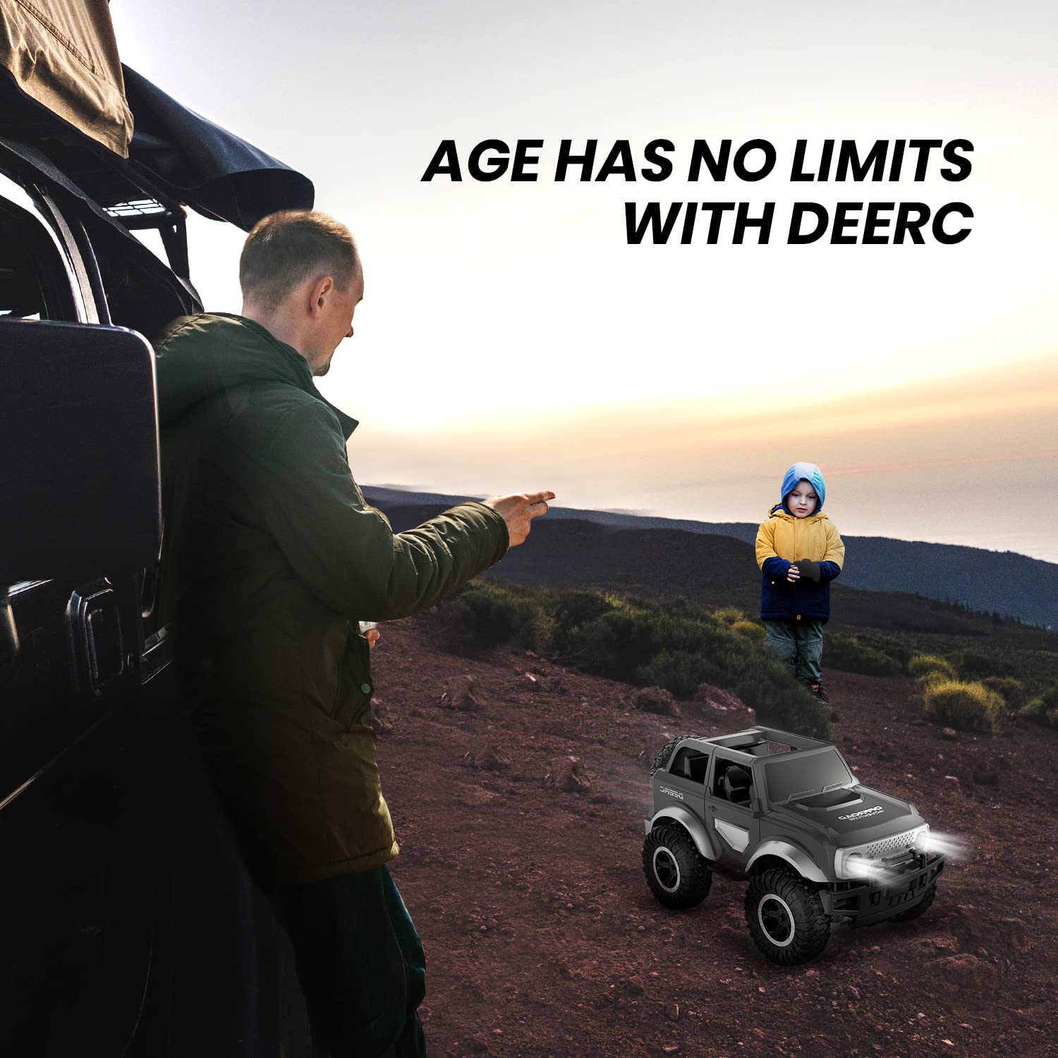 DEERC Remote Control Jeep Car with Realistic Headlight & Taillight, 160 Mins Play SUV Vehicle with Spare Tire, 2.4Ghz 1:18 All-Terrain Monster Trucks for Boys, Off-Road RC Trucks Gift for Kids