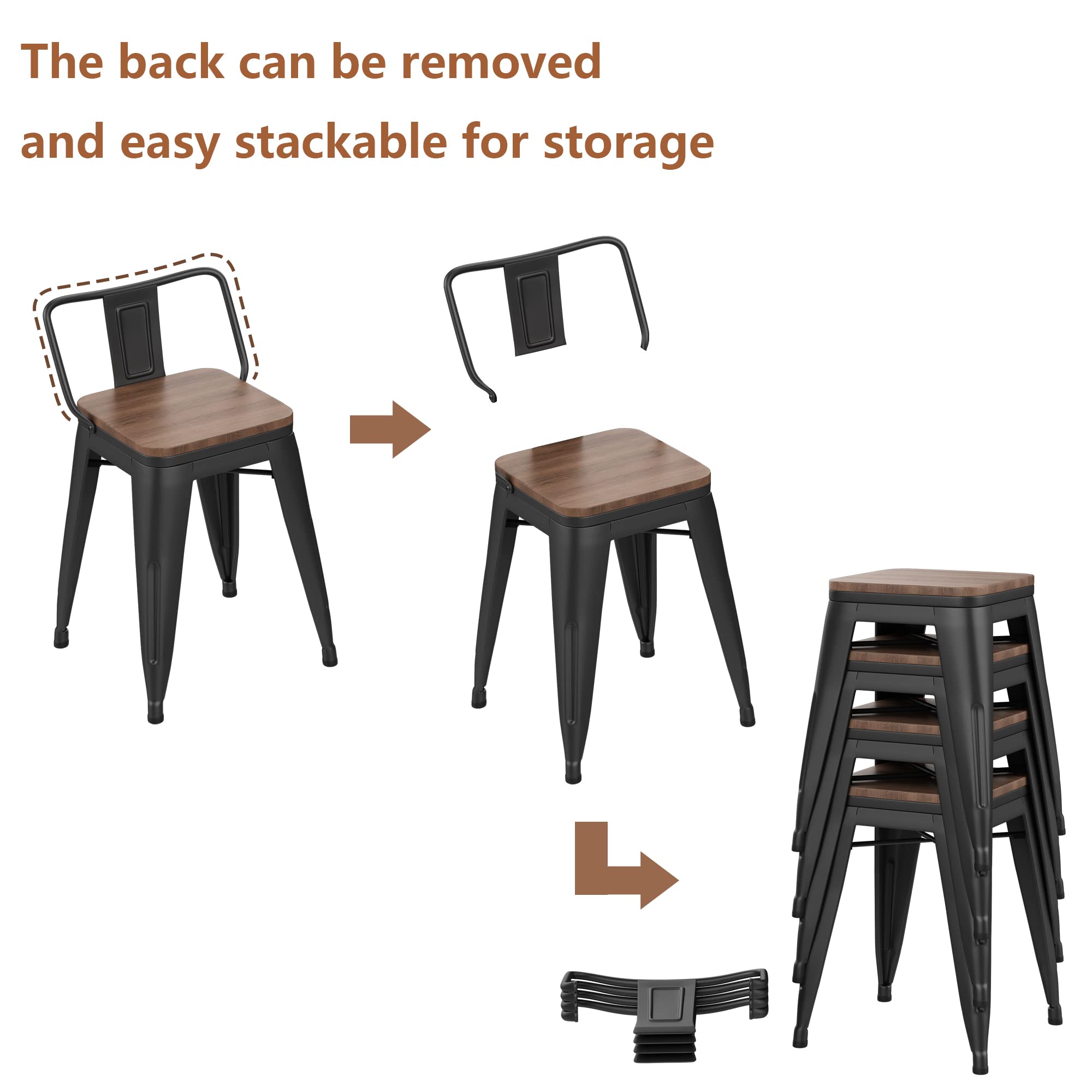 Andeworld Metal Bar Stools 18 inch, Industrial Black Stools for Classroom Kitchen,Stackable Kids Short Stools Metal Dining Play Room Chairs Set of 4 (18 inch, Matte Black)