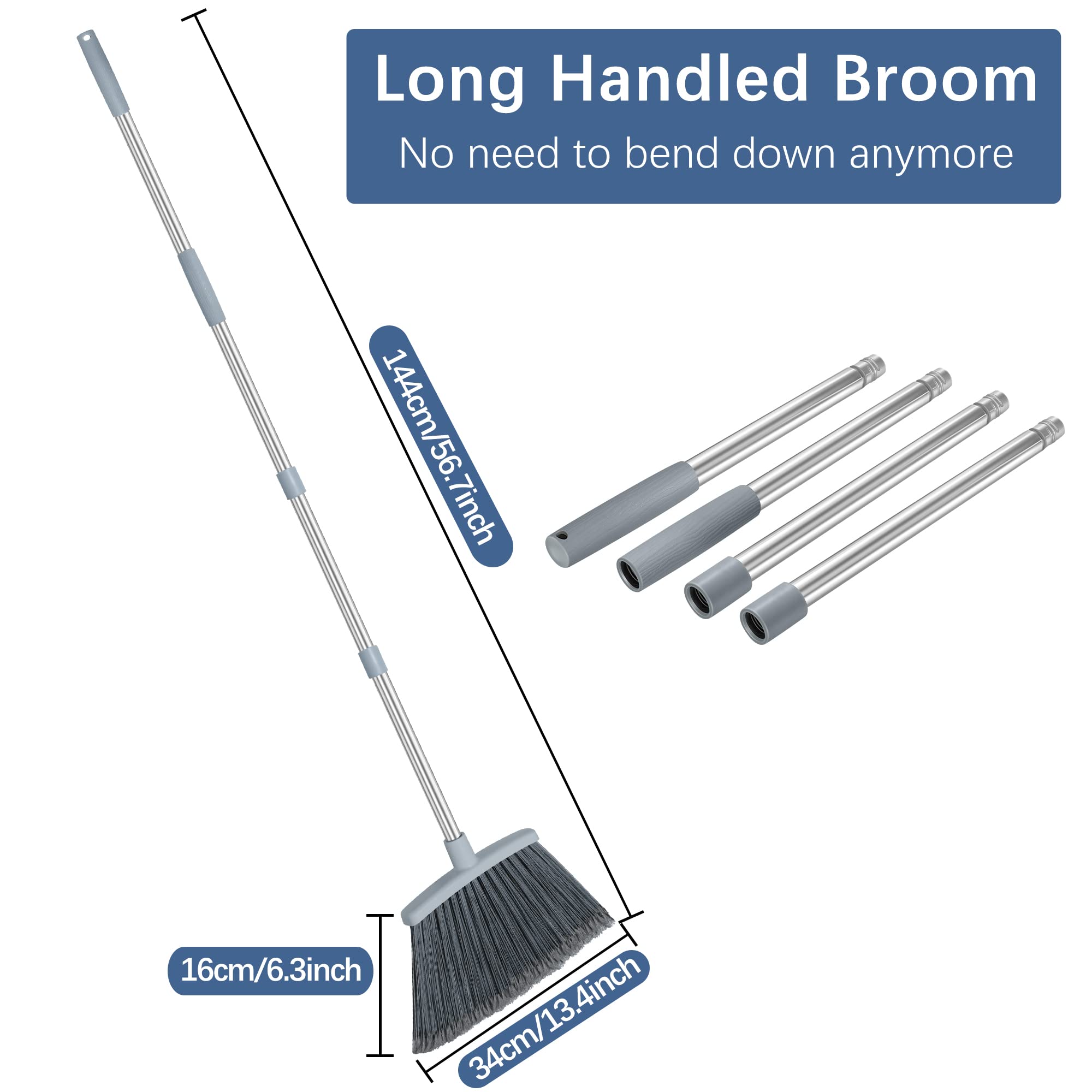 Broom for Outdoor Indoor, Folews Heavy Duty Broom 56 Inch Long Handle Angle Broom for Sweeping Kitchen Shop House Office Commercial Broom