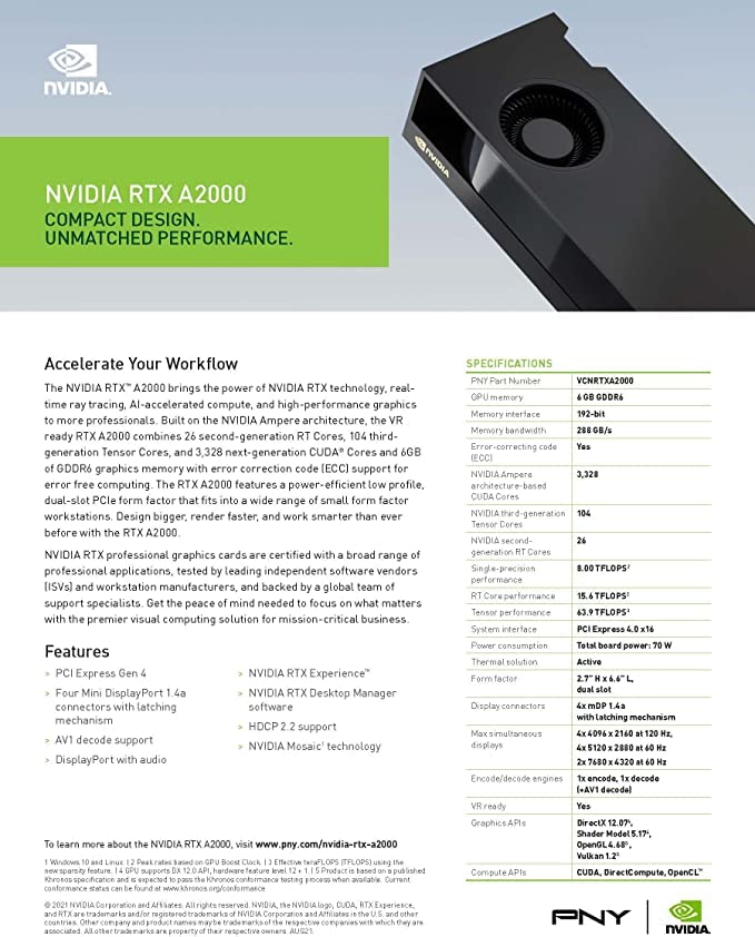 Computer Upgrade King NVIDIA RTX A2000 6GB GDDR6 (~3050) Low Profile LP PCIe Professional Gaming Graphics Card with Full and Half Height Brackets (B-Grade)