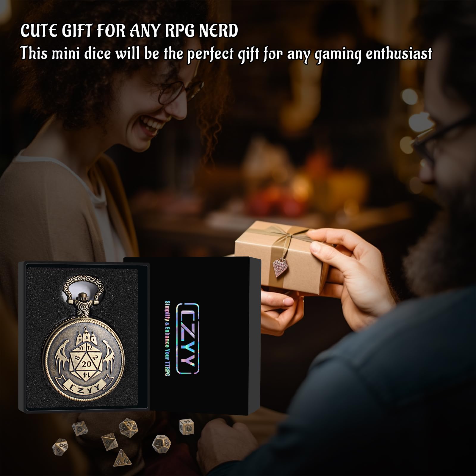 DND 6mm Micro Polyhedral Dice Set with Pocket Watch Shell Case Perfect for Dungeons and Dragons, Tabletop RPG and Cards Board Games (Bronze)