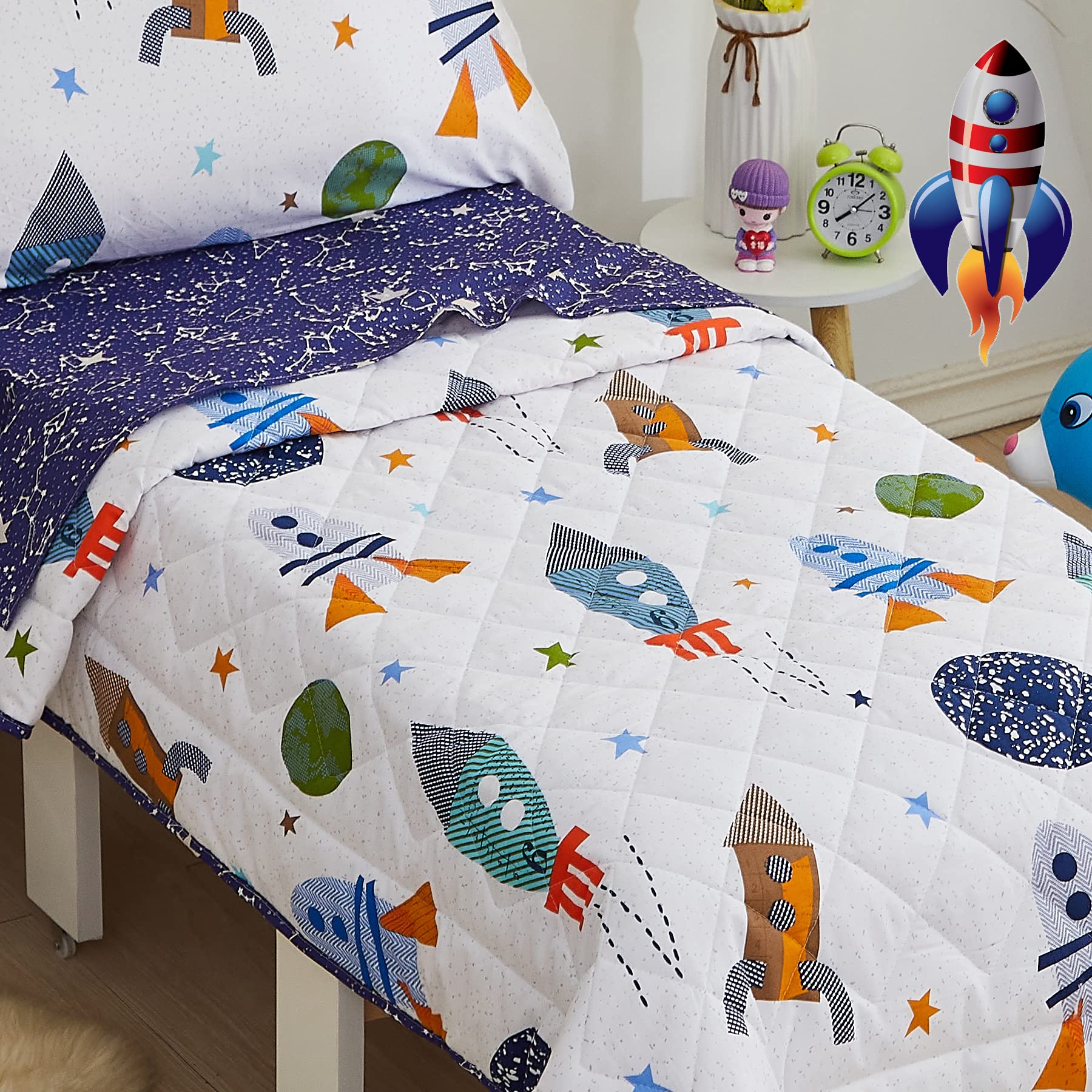 Brandream Outer Space Toddler Bedding Sets for Boys Spaceship Galaxy Rocket Bed in A Bag Cotton Comforter Set, 4PCS Includes Comforter, Top Sheet, Mattress Sheet, Pillowcases