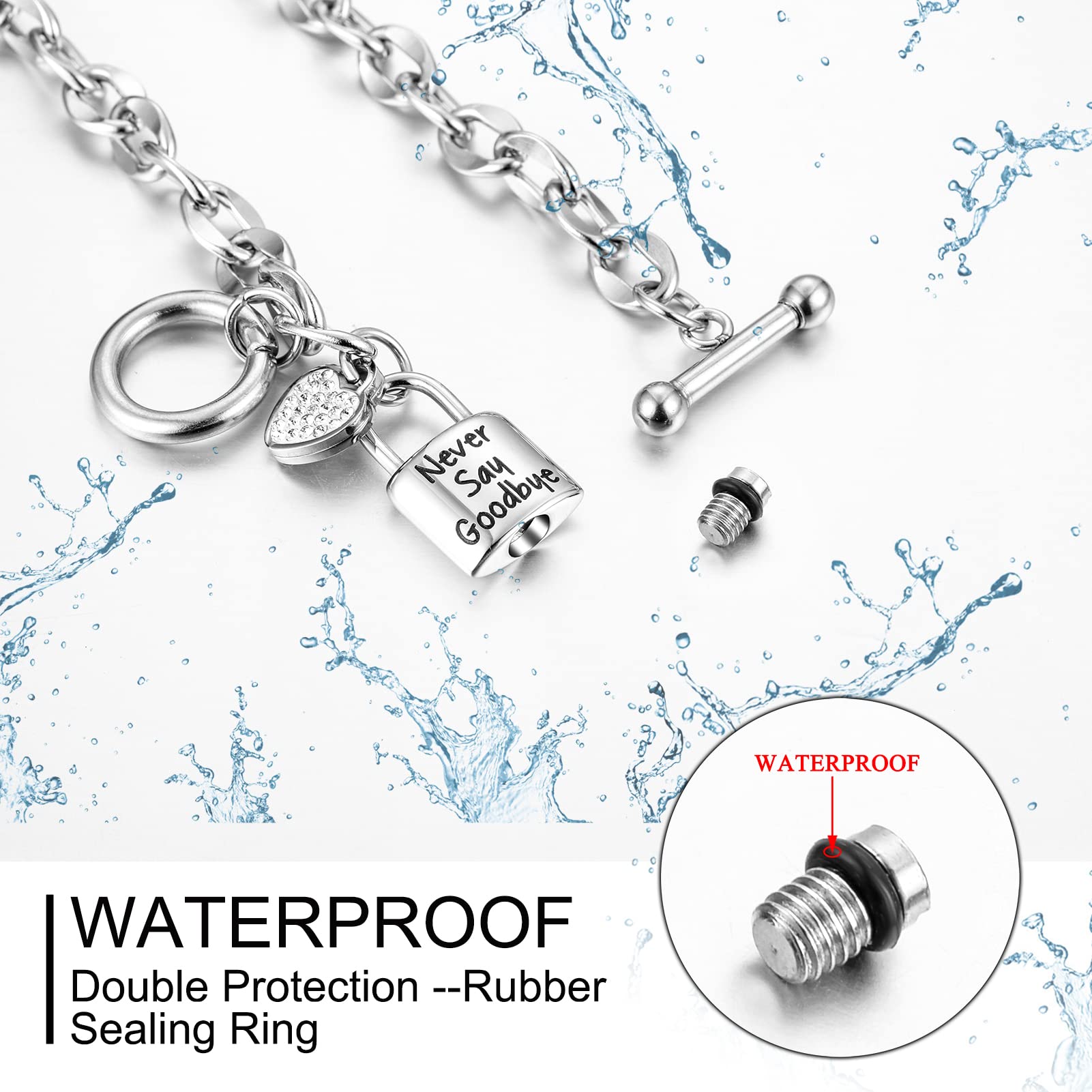 abooxiu Lock Urn Bracelet for Ashes Crystal Heart Cremation Bracelet for Ashes Stainless Steel Ash Bracelet for Men Women Memorial Ashes Holder Silver