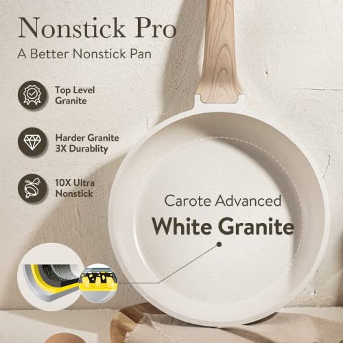 CAROTE Pots and Pans Set,Nonstick Cookware Sets Induction Cookware, White Granite 9 Pcs Non Stick Cooking Set w/Frying Pans & Saucepans(PFOS, PFOA Free)