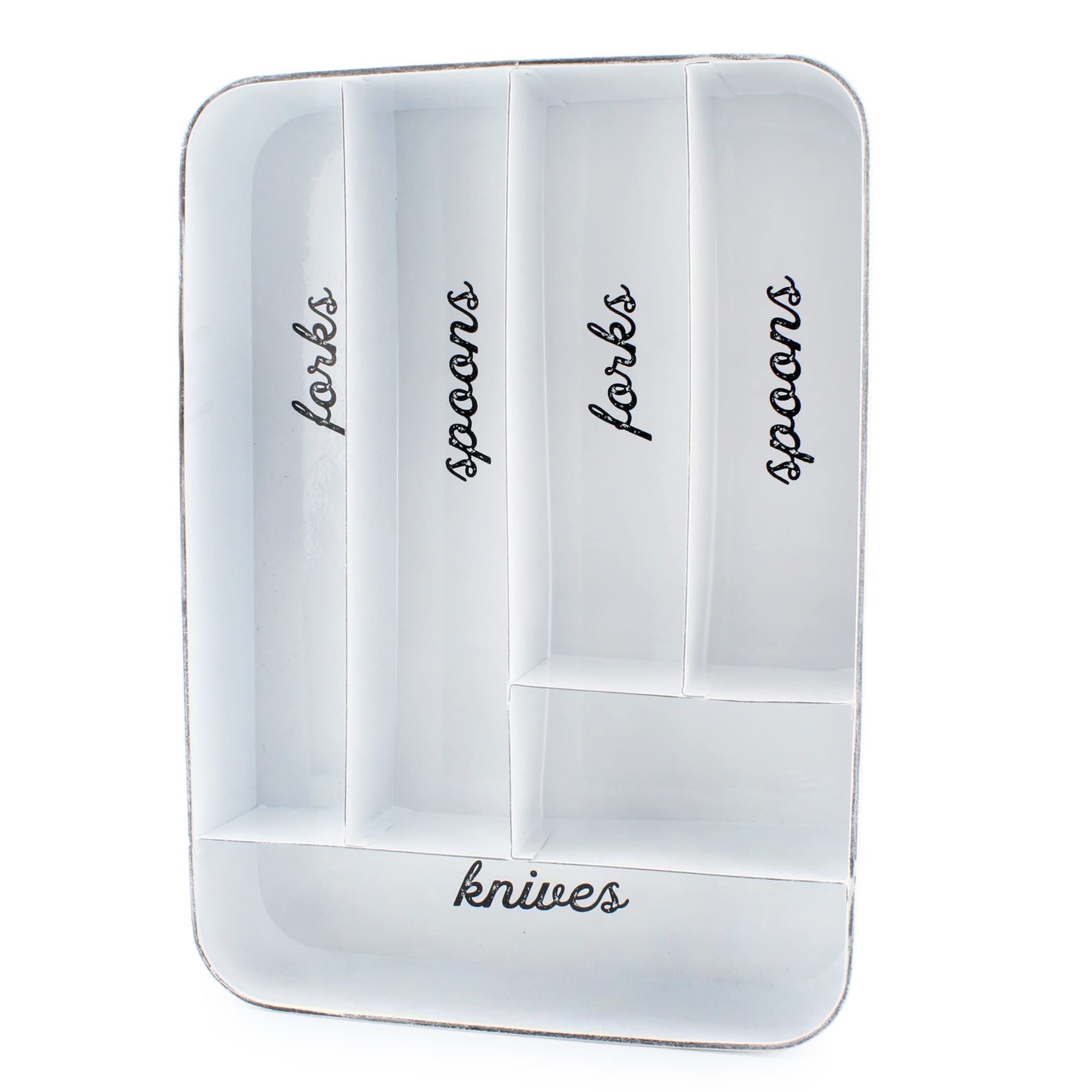 AuldHome Farmhouse Enamelware Silverware Organizer (White), Divided Cutlery Utensil Drawer Organizer