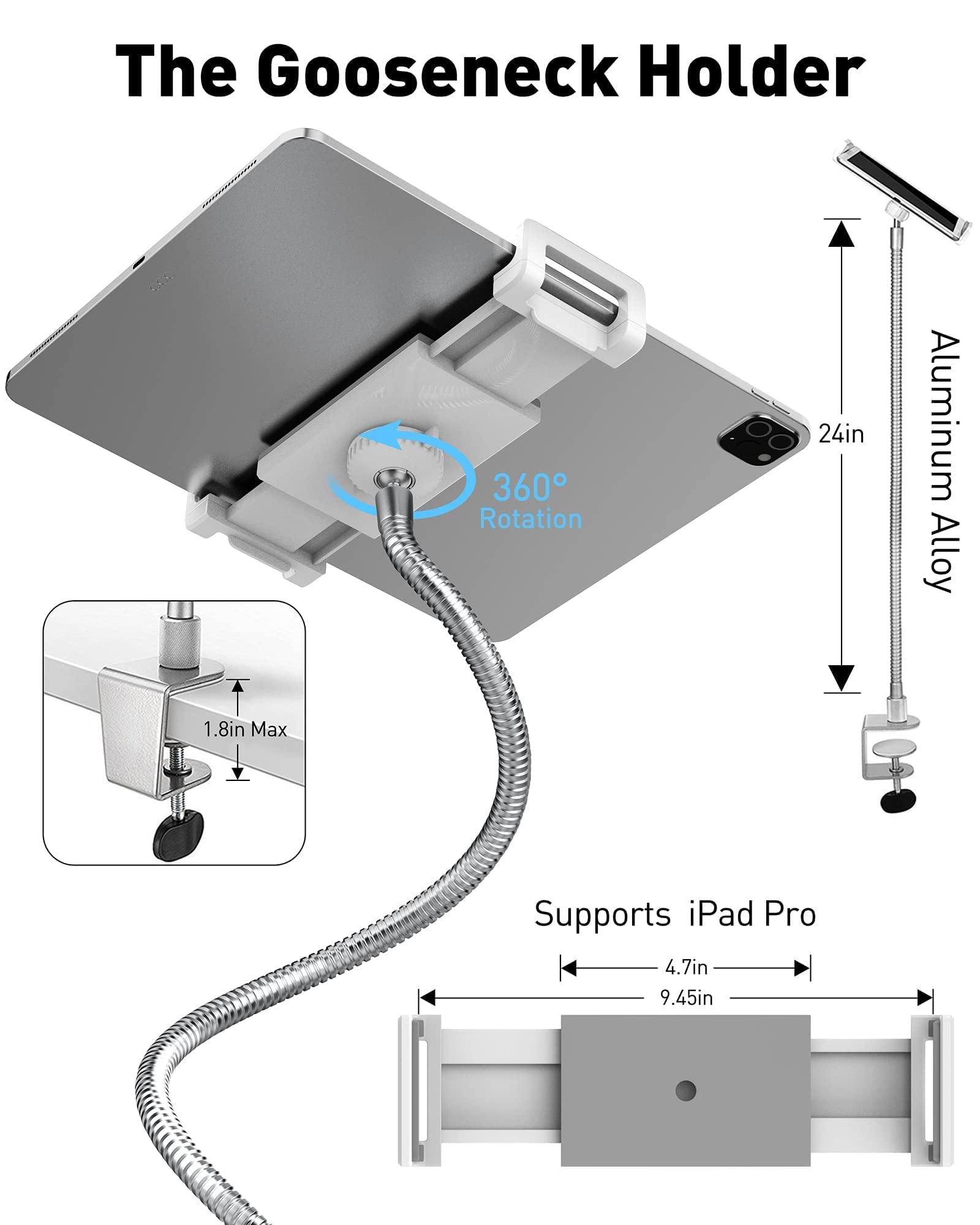AboveTEK Gooseneck Tablet Holder, Flexible Long Arm iPad Desk Mount Aluminum iPad Stand Phone Holder for Bed Office Kitchen, Fits for 4.5"-13.5" iPad Android Tablet & iPhone 6-13Pro