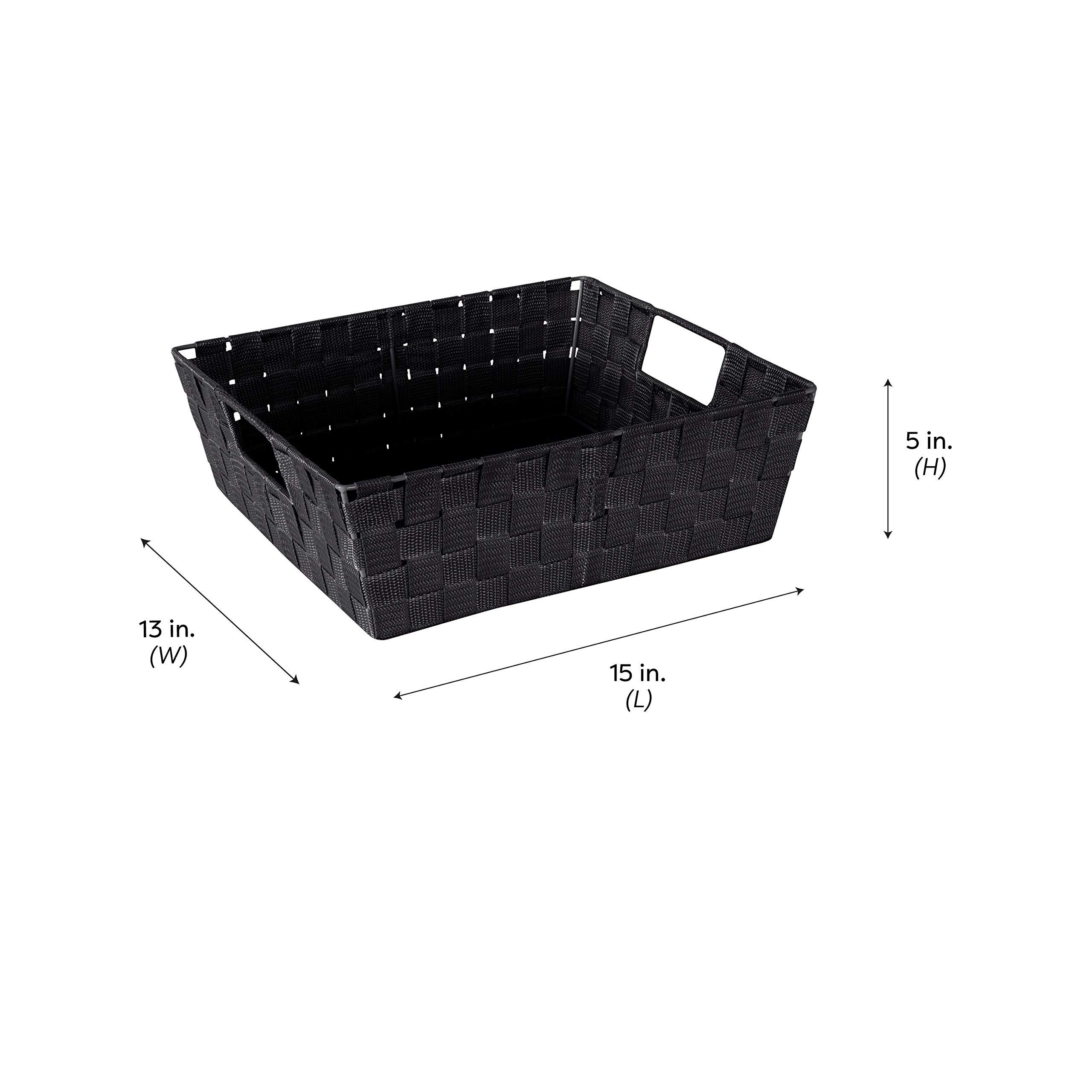Simplify Large Shelf Woven Strap Tote | Decorative Storage Basket | Built in Handles | Organization | Closet | Bedroom | Bathroom | Nursery | Accessories | Toys | Gifts | 2 Pack | Black
