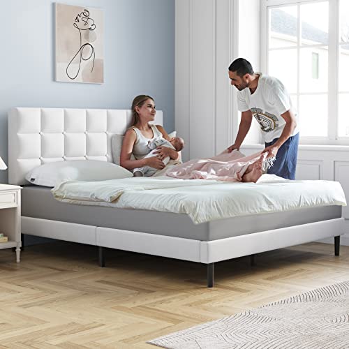 Molblly Queen Bed Frame Upholstered Platform with Headboard and Strong Wooden Slats,Non-Slip and Noise-Free,No Box Spring Needed, Easy Assembly,White