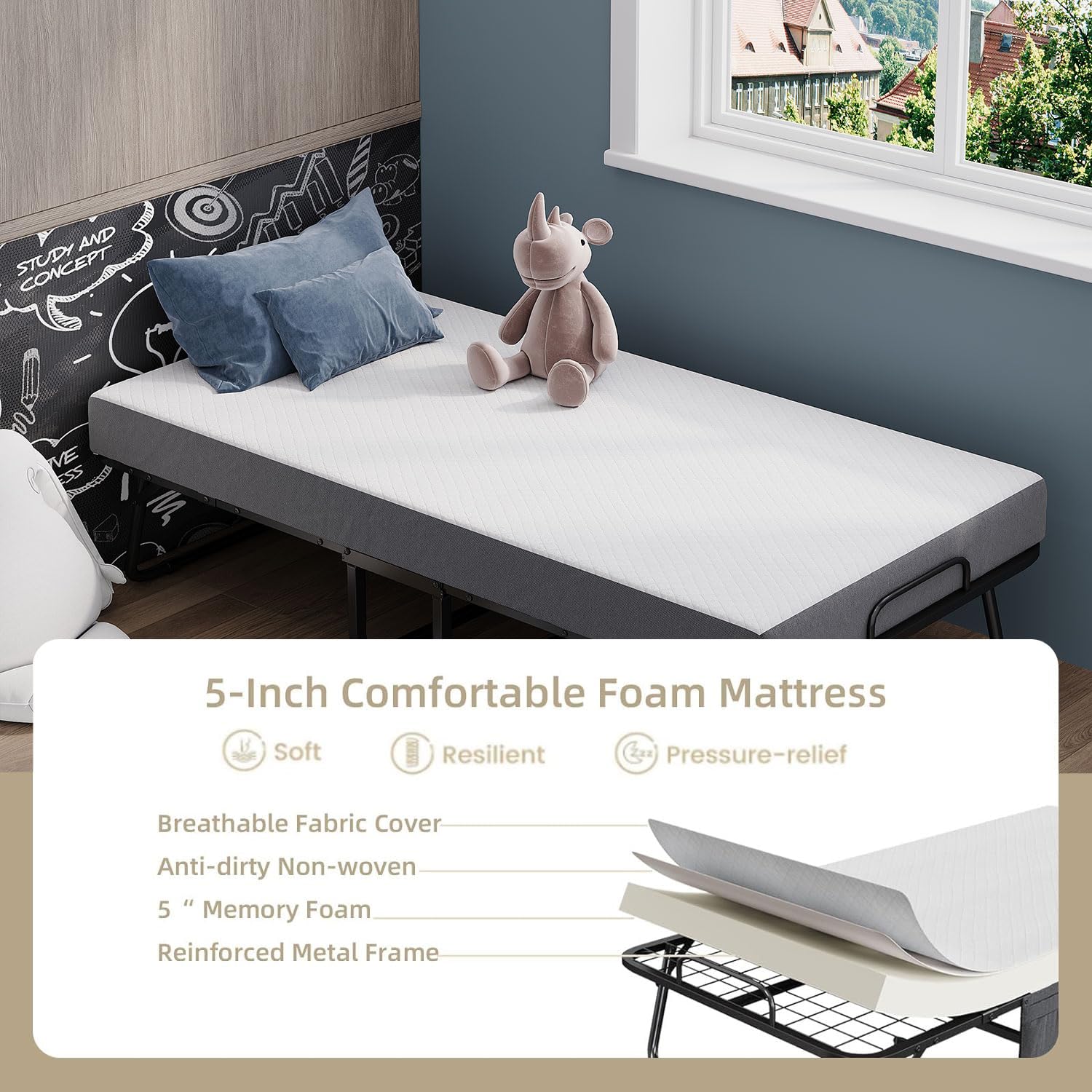 MUTUN Folding Bed with Mattress, Upgraded 5" Memory Foam Mattress Portable Foldable Guest Bed for Adults, Cot Fold Up Day Bed Rollaway Bed with Metal Frame on Wheels, Bed Cover Included 75" x 31"