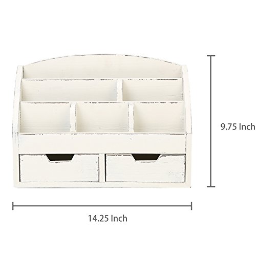 MyGift White Wood Desktop Organizer - Includes 6 Compartments and 2 Pullout Drawers to Organize Office Supplies and Accessories