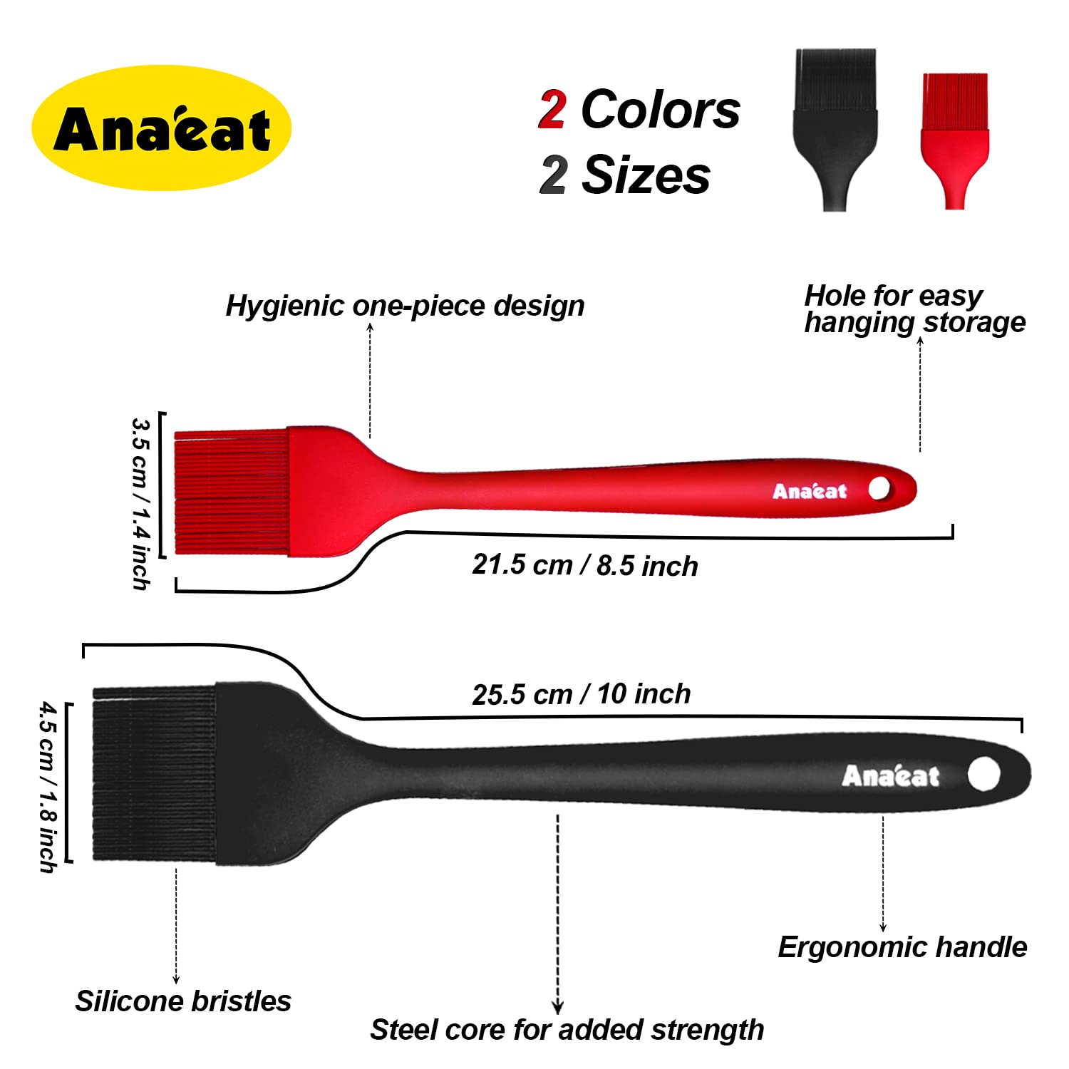 Anaeat 2 Pack Silicone Basting Pastry Brushes - Heat Resistant Brush with Soft Bristles, Hygienic One Piece Design, Marinade Brush Great in Baking for Spreading Oil Butter Sauce BBQ Grill