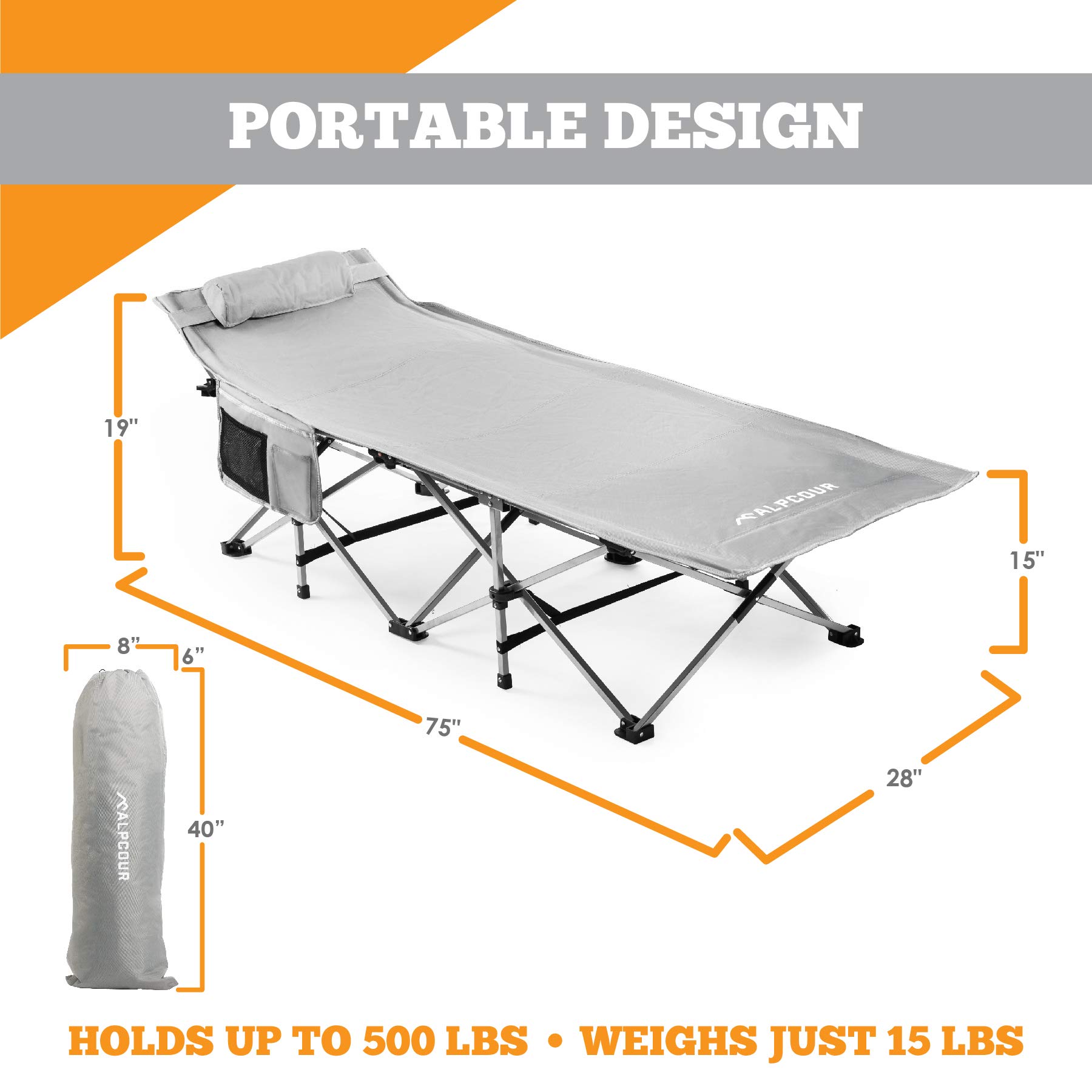 Alpcour Extra Large Camping Cot Heavy Duty Compact XL Bed in a Bag with Pillow for Adults & Kids β Portable Folding Steel Frame & Comfortable Lightweight Polyester β 75x28β β Weight Capacity 500 Lbs