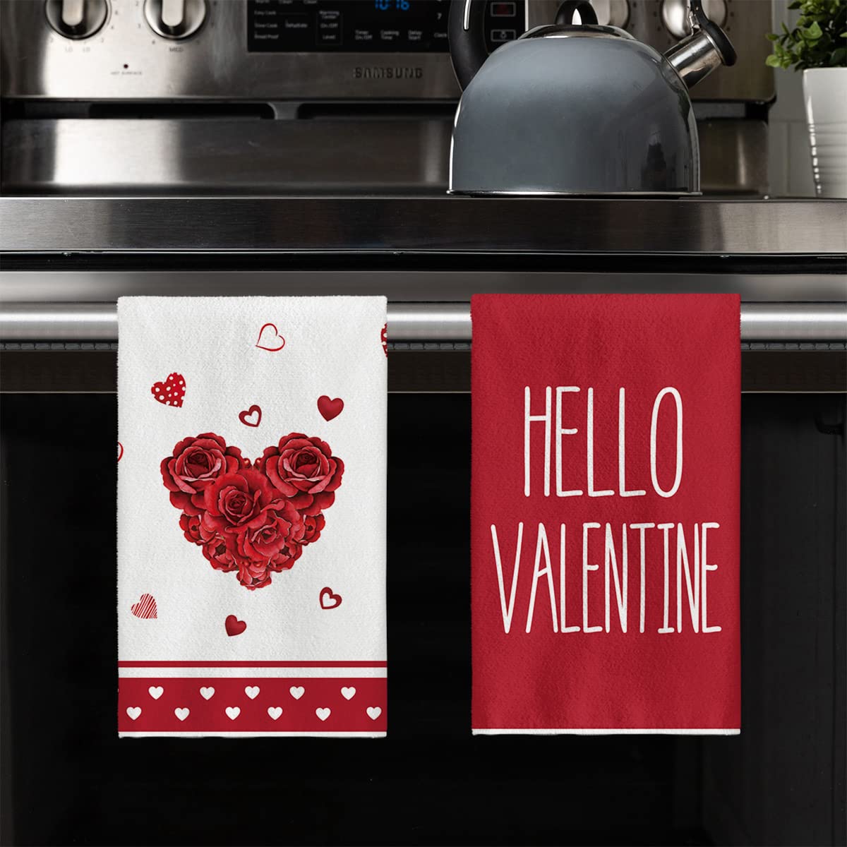 Artoid Mode Roses Hearts Hello Valentine's Day Kitchen Towels Dish Towels, 18x26 Inch Anniversary Decoration Hand Towels Set of 2