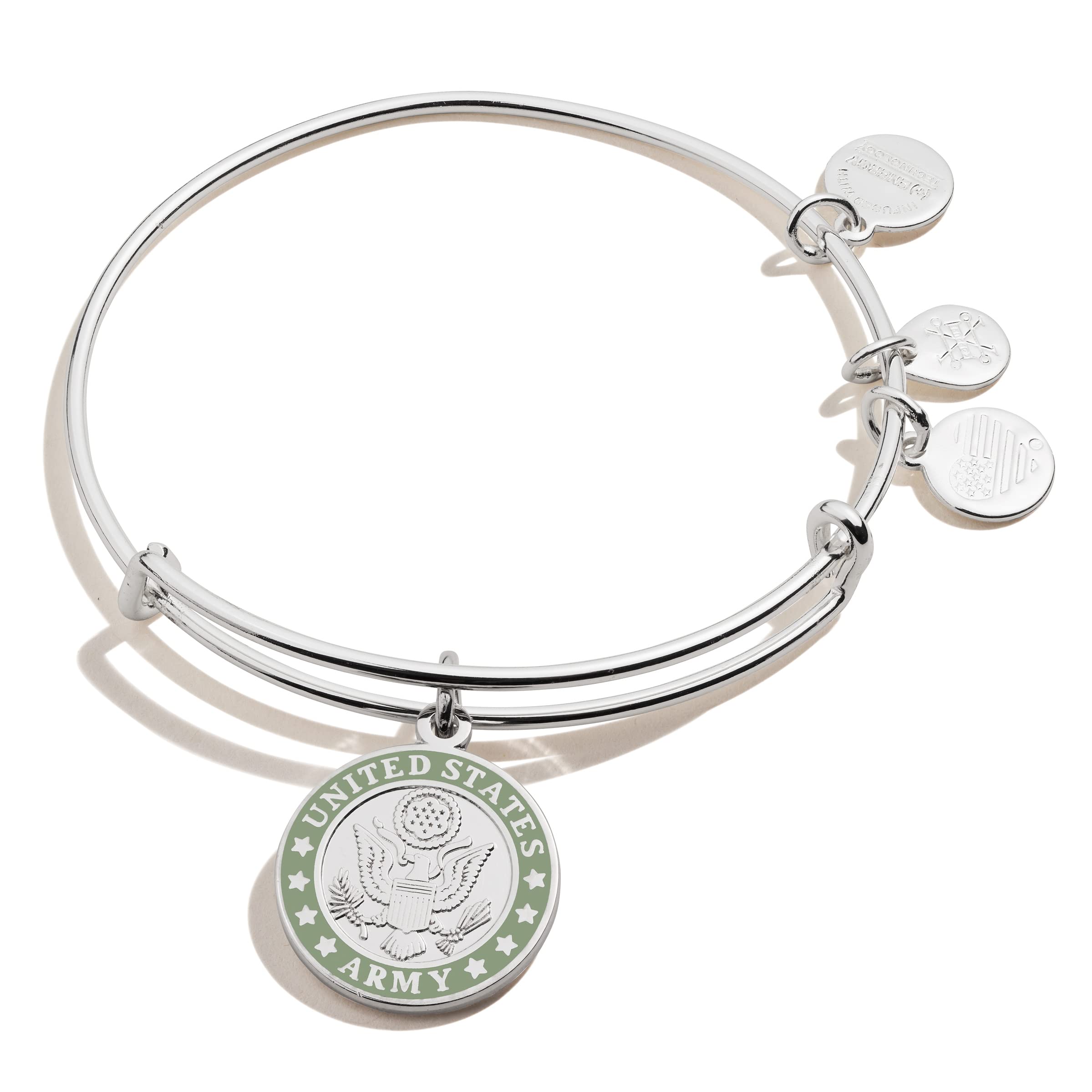 Alex and Ani Collaborations Expandable Bangle for Women, United States Army Charm, Shiny Silver Finish, 2 to 3.5 in