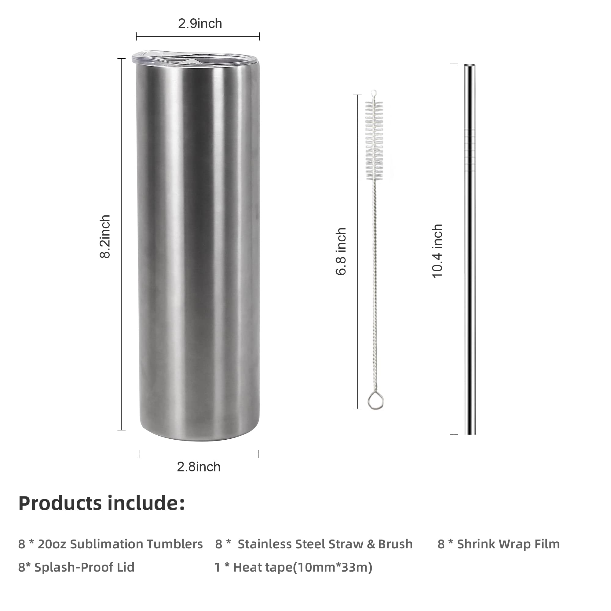 AGH 8 Pack 20oz sublimation tumbler blank, Stainless Steel Tumblers Bulk With Reuse Straw and Brush, Silvery Cup Vacuum Insulated Mug for Travel Coffee