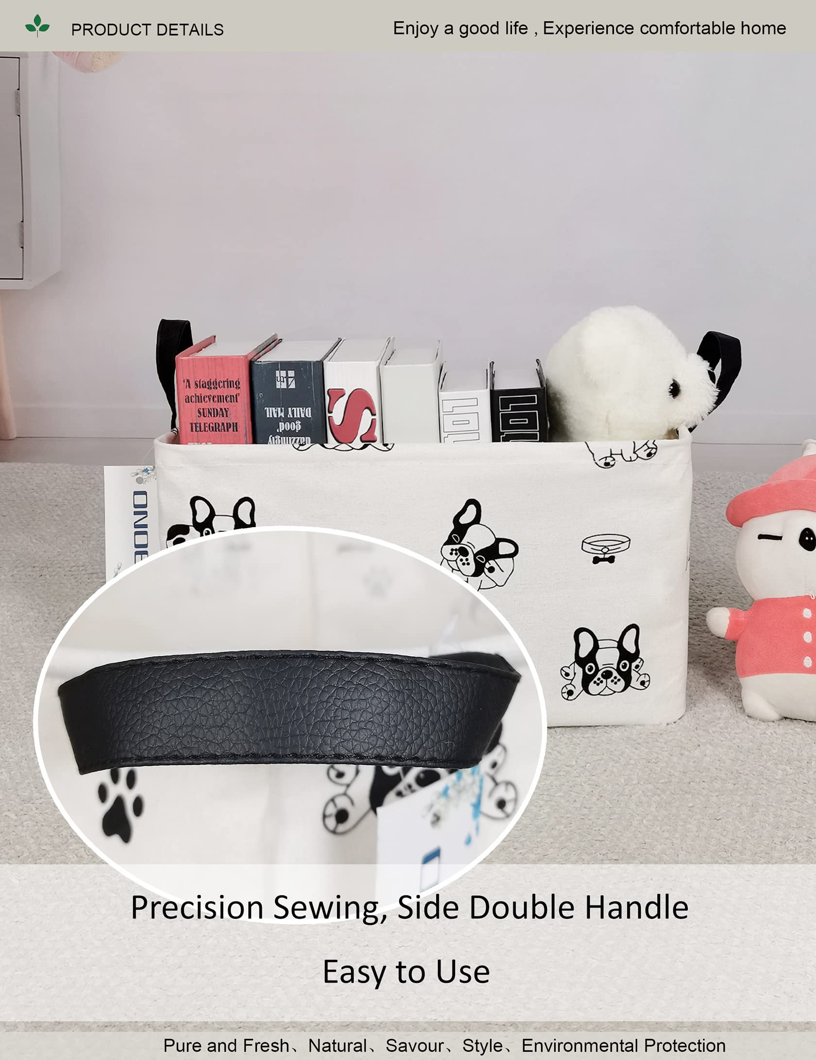 ONOEV Rectangular Fabric storage box, decorative basket and finishing basket with handle are used for the storage of clothes, books and sundries (Bulldog) 14.9’’L ×10.2’’W×9.05’’H inches