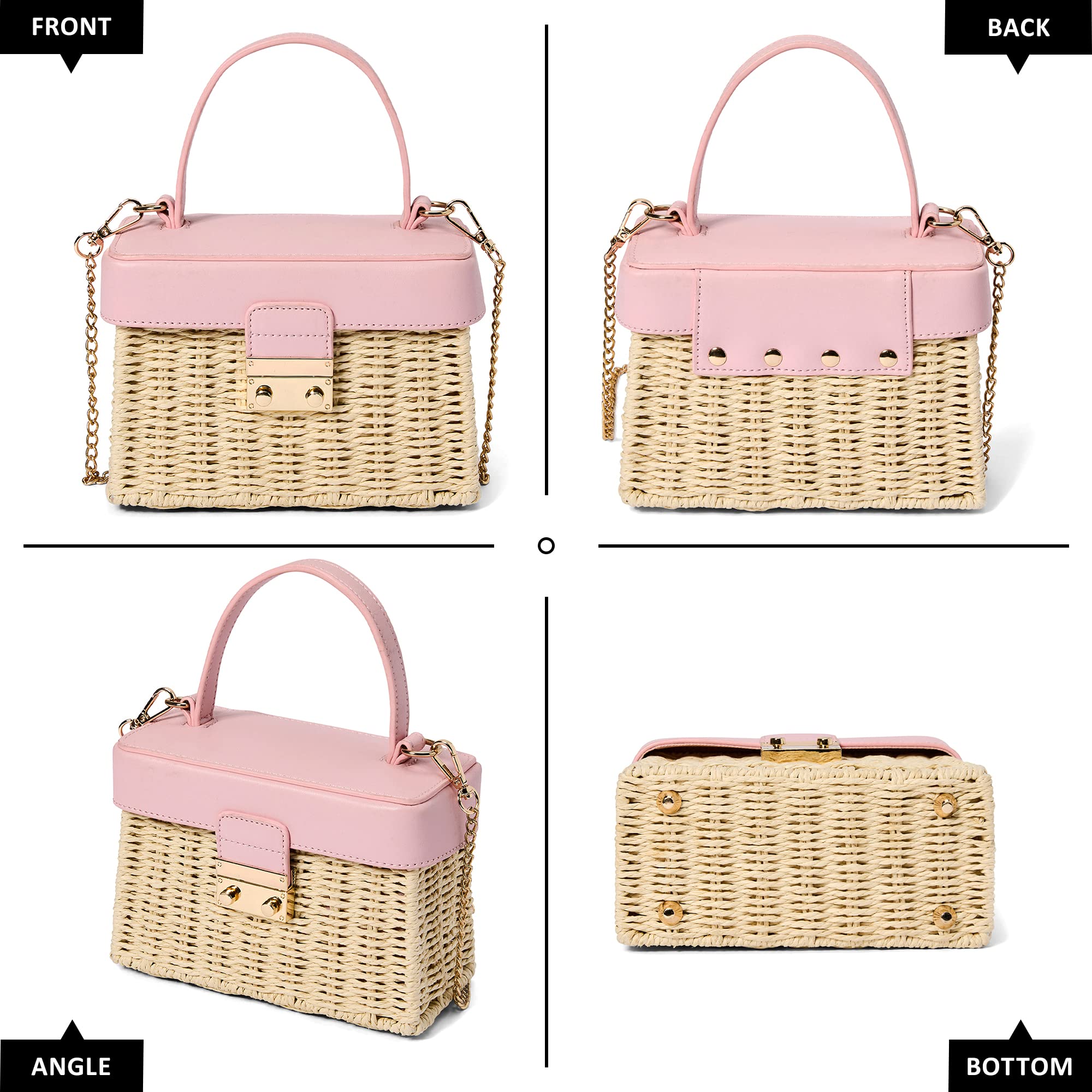 Like Dreams Small Summer Bag for Women Woven Straw Crossbody Vegan Leather Top Handle Plaid Inner Purse (Blush)