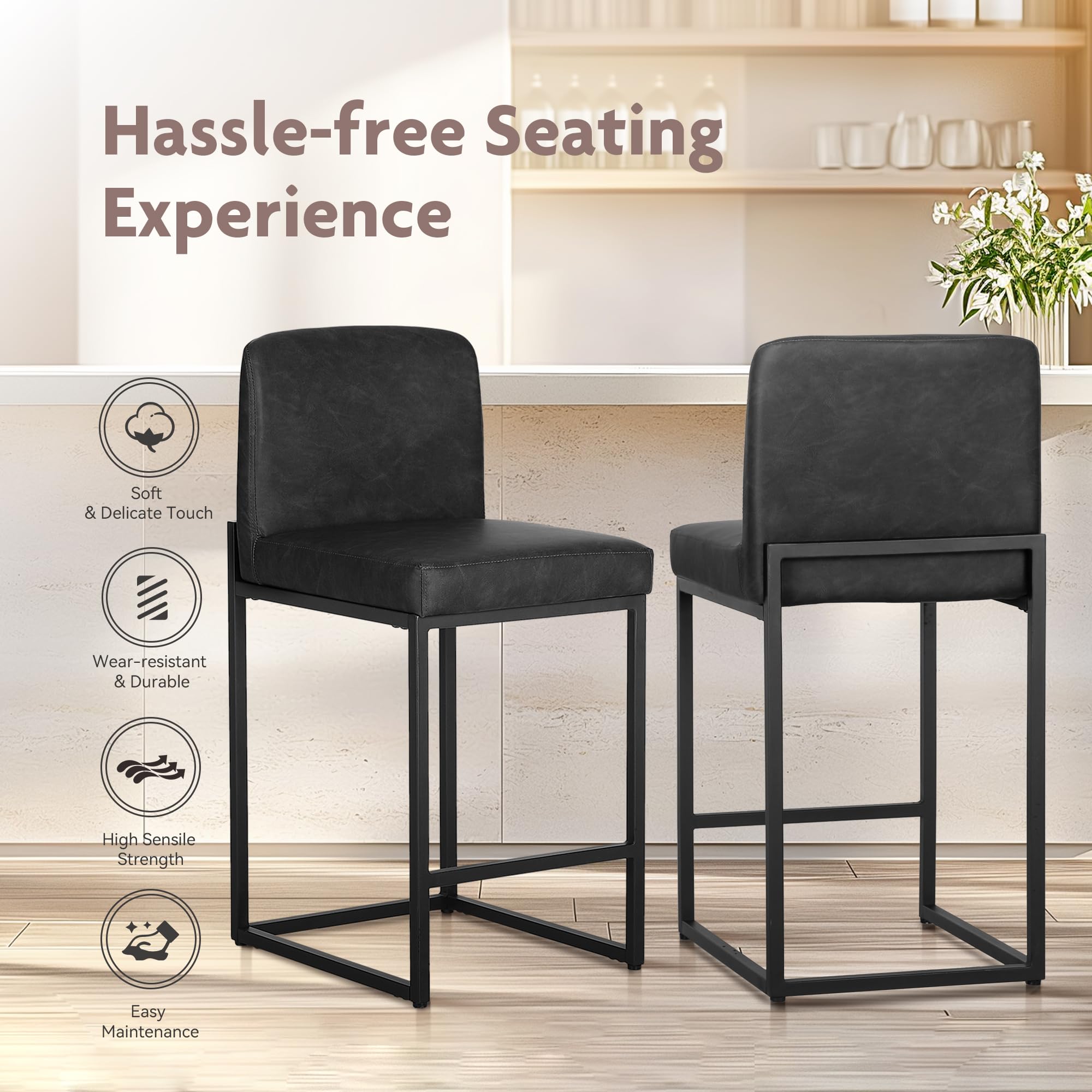 ALPHA HOME Counter Height Bar Stools, 24” Kitchen Counter Stools Set of 1, Pu Leather Kitchen Modern Bar Chairs with Back&Footrest, Sturdy Chromed Metal Steel Frame, Black