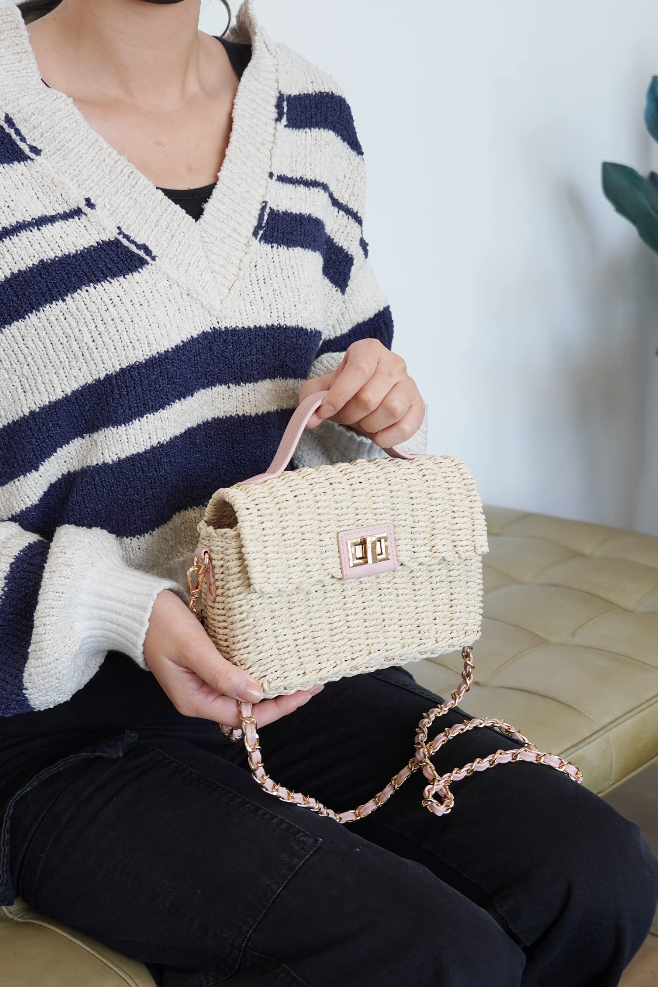 Like Dreams Women Hand-woven Fashion Straw Crossbody Bag Inner Floral Summer Long Strap Shoulder Purse (Natural Ivory)