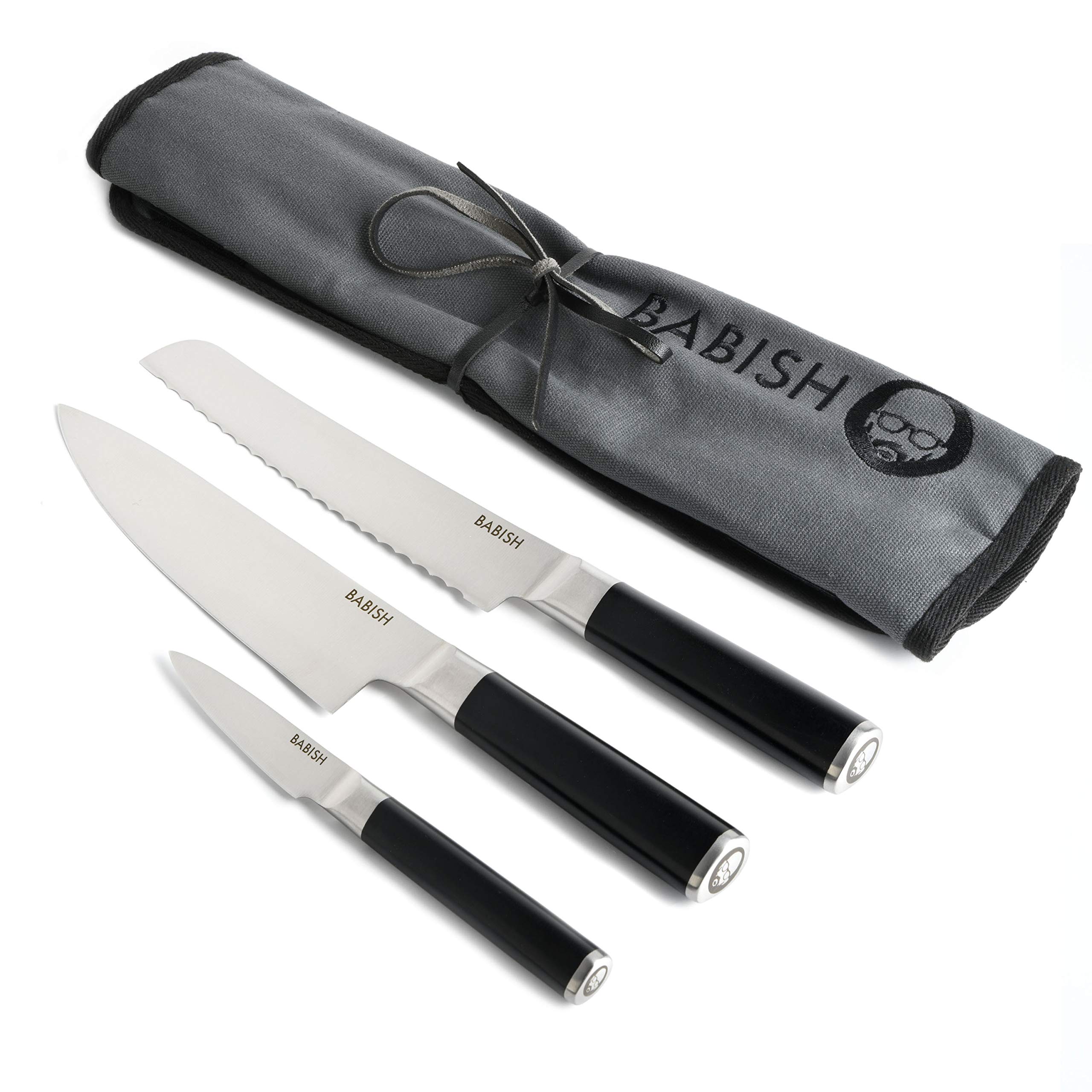Babish German High-Carbon 1.4116 Steel Cutlery, 3-Piece w/Knife Roll & 12β & 9β Locking Kitchen Tong Set, Stainless Steel