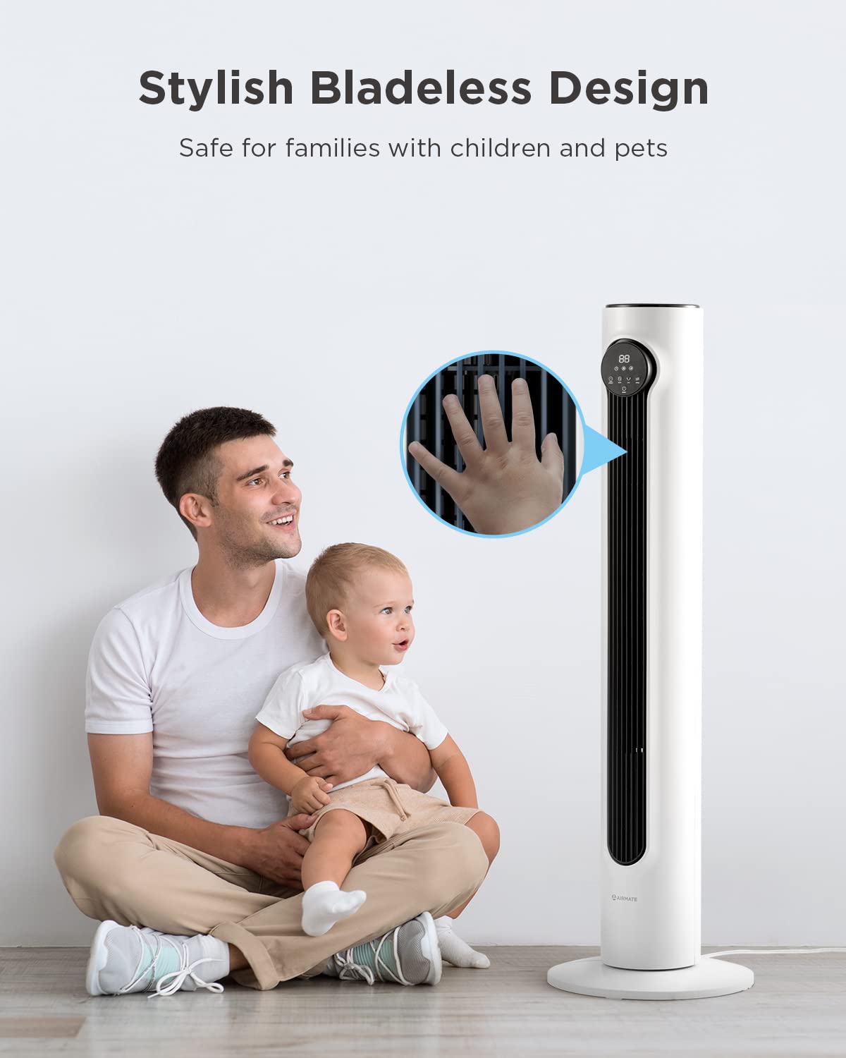 AIRMATE Tower Fan with Remote, 42in Silent Oscillating Fan, Bladeless Standing Fan, 3 Modes 8 Speeds, LED Display Touchpad Multifan, 8H Timer Floor Fan for Bedroom Home Office Portable