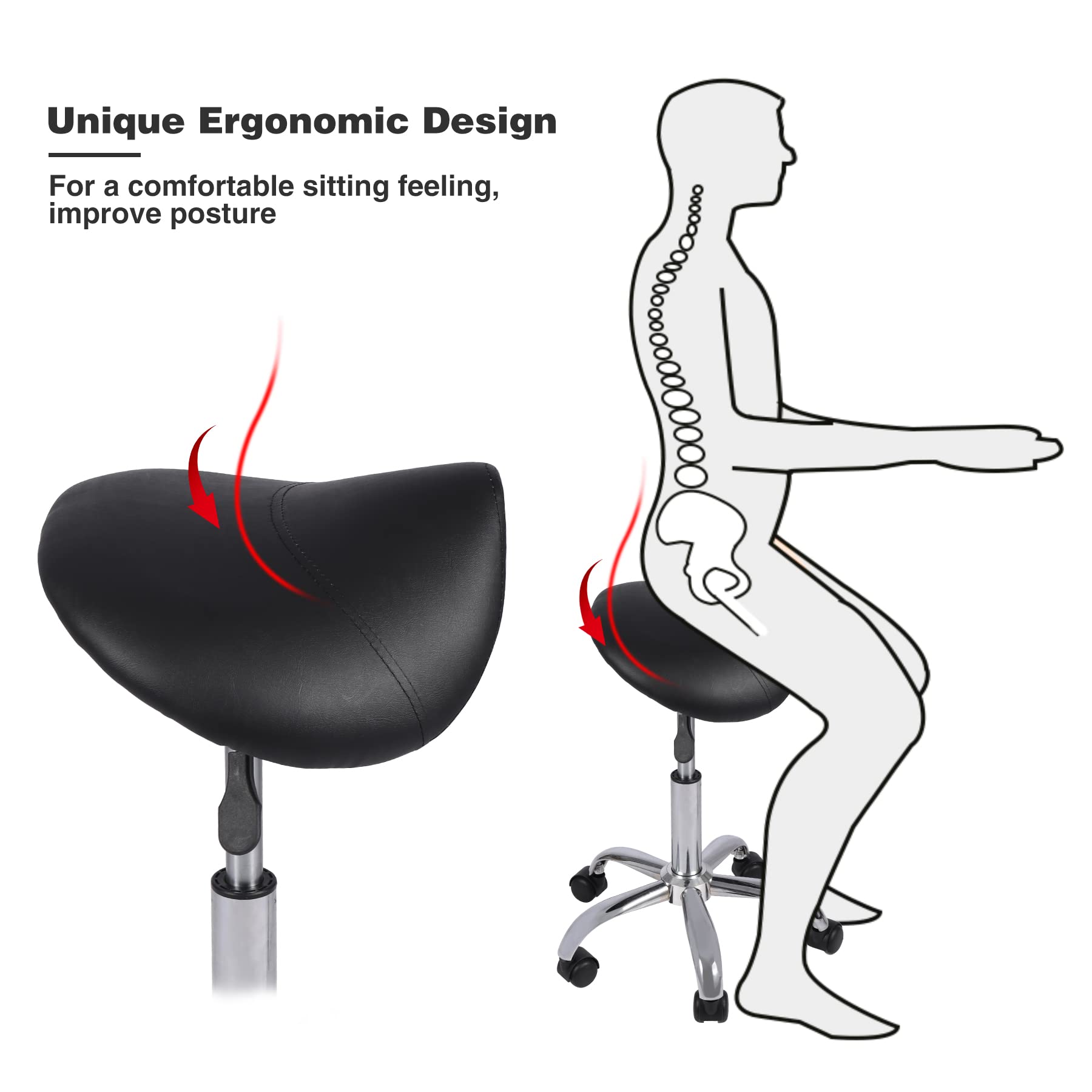 AKVOMBI Saddle Stool with Wheels, Ergonomic Saddle Chair with Wheels for Spa, Salon, Massage and Esthetician, Adjustable Hydraulic Seat, Black