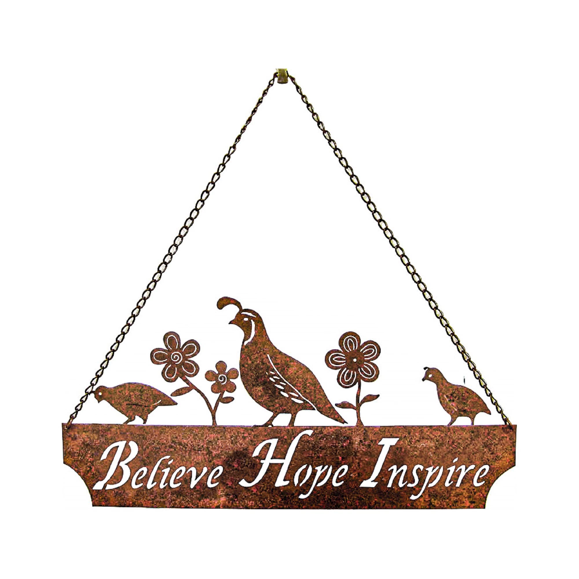 California Home and Garden CH303 Hanging Metal Quail Family Believe-Hope-Inspire Sign with Flowers, Rustic Look Artwork, 20 Inch Wide, Brownish Red